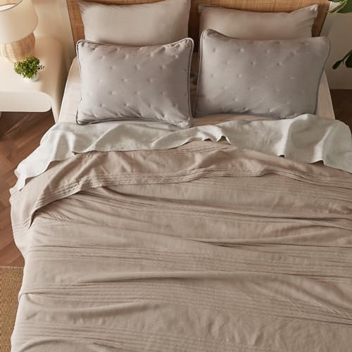 Bedsure Summer Quilt Blankets Queen Size, Breathable Quilted Bed Blankets for Spring, Super Soft Blanket with Striped Texture, Modal Cotton Thermal Blanket for All Seasons, Tan Khaki, 90x90