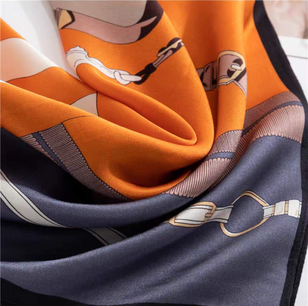 ANDANTINO 100% Real Mulberry Silk Scarf -21'' x 21''- Lightweight Neckerchief –Women Men Small Square Digital Printed Scarves (Belts-Orange-Grayish Blue)