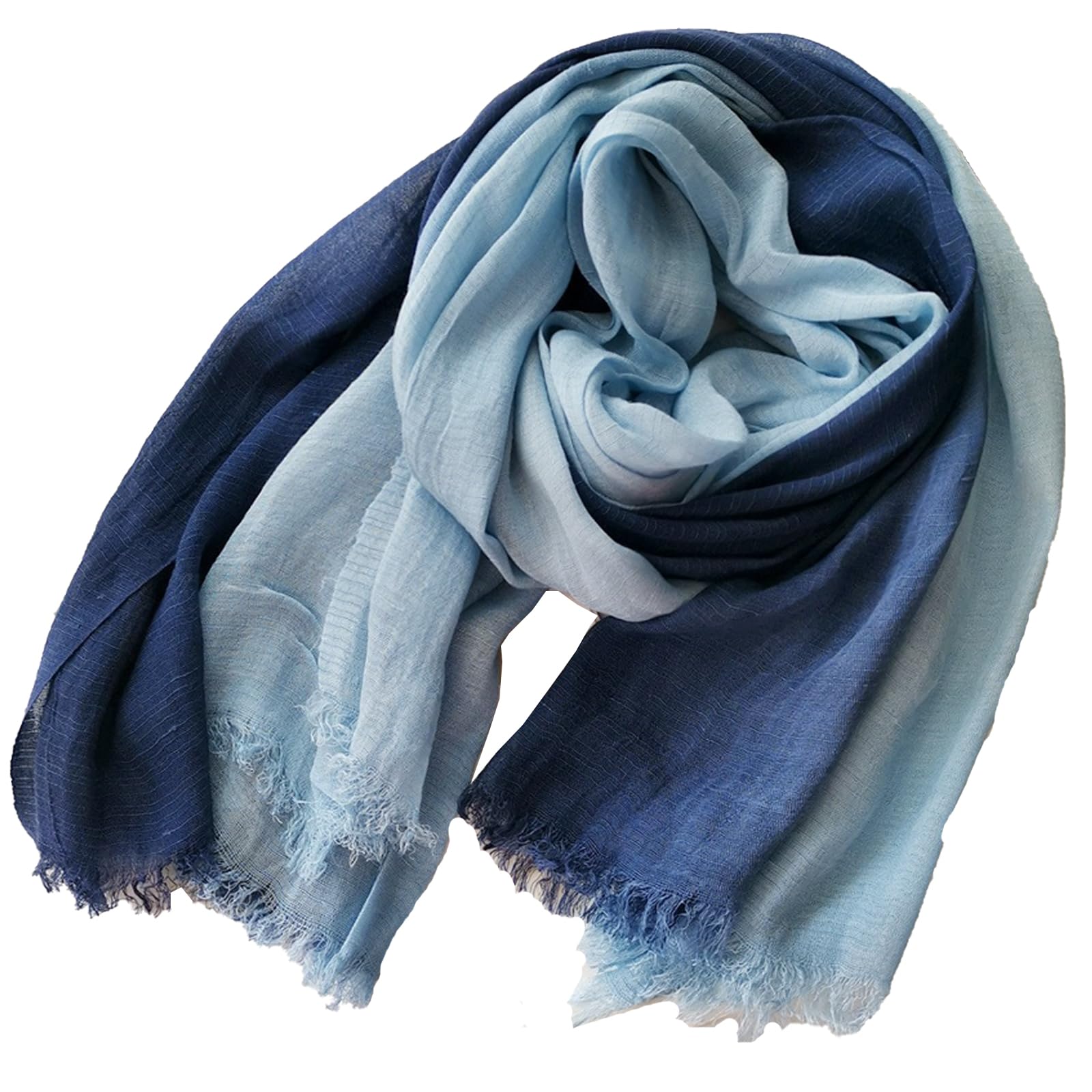 ANIDL Cotton Linen Fashion Scarf,Gradient Two-tone Four Season Scarf Shawl Beach Gauze,Long Lightweight Travel scarf 75"×35" (Light blue + Royal blue)