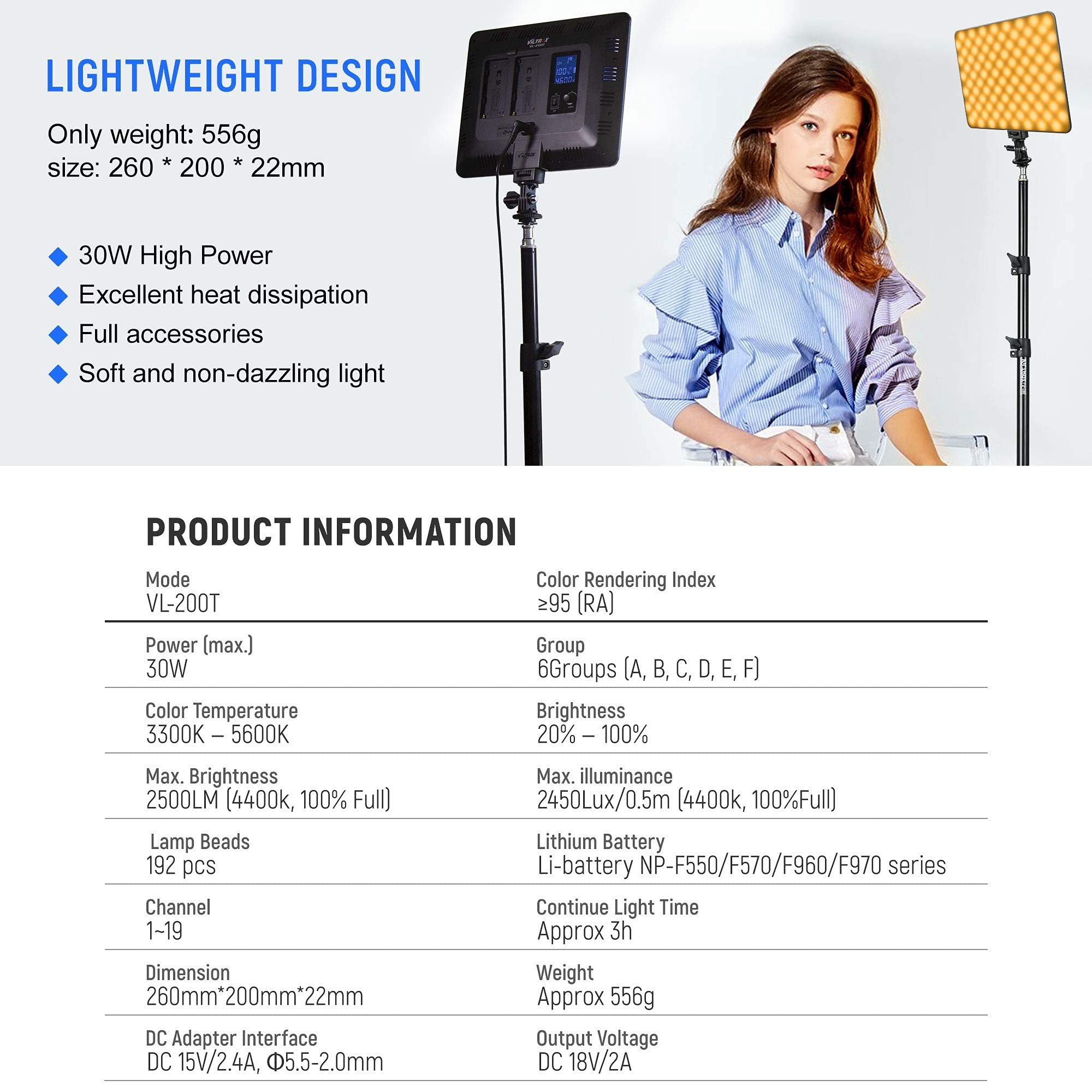 VILTROX 2 Packs LED Video Light kit with Light Stand and Wireless Remote, 30W/2450Lux Dimmable 3300K-5600K LED Panel Lights CRI 95+ for Photography Video Portrait Conference Vlog Streaming(VL-200T)