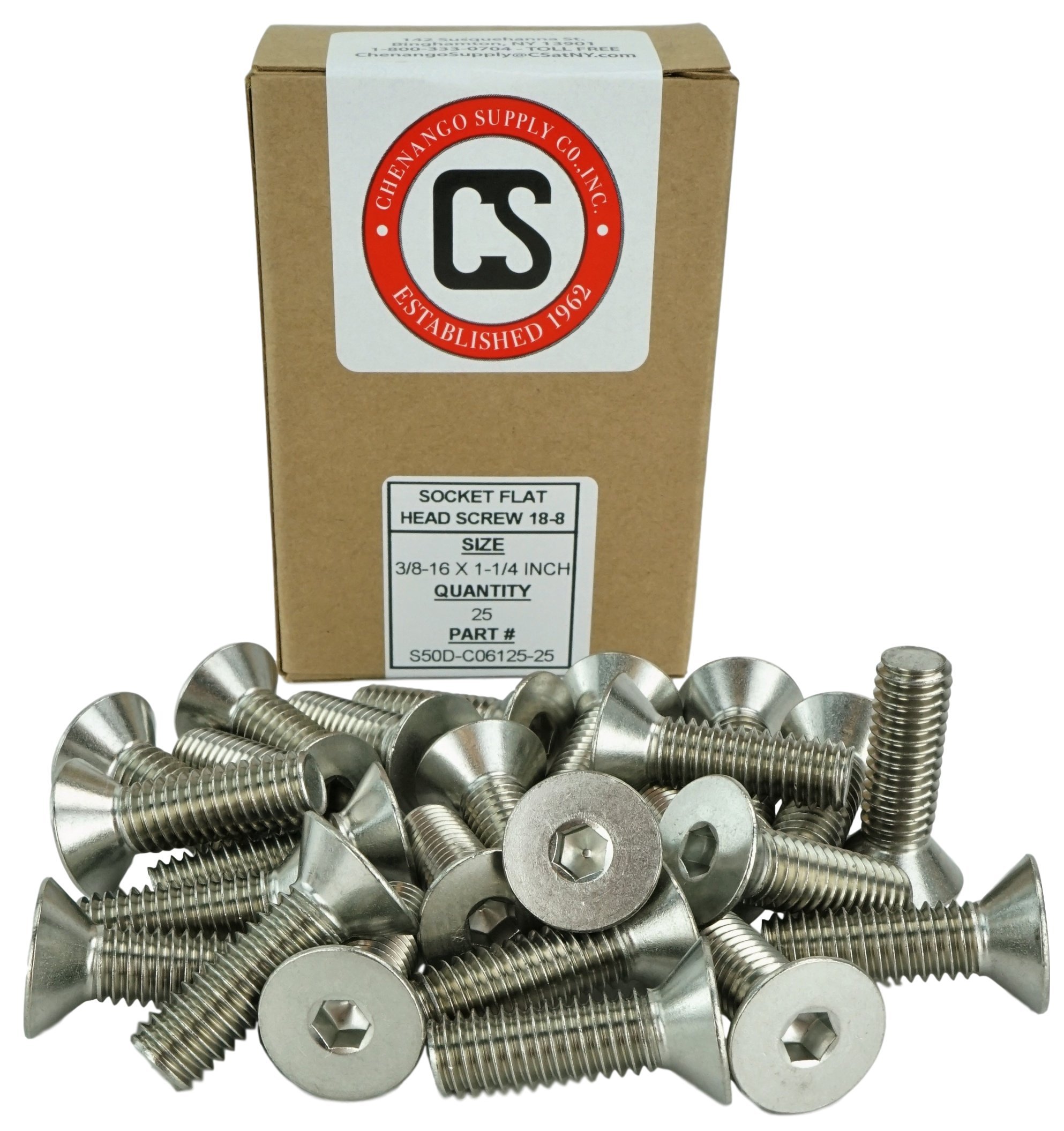 Stainless 3/8-16 x 1-1/4" (3/4" to 3" Available) Socket Flat Head Screws, Full Thread, Hex Drive, Stainless Steel 18-8, Coarse Thread (3/8-16 x 1-1/4")