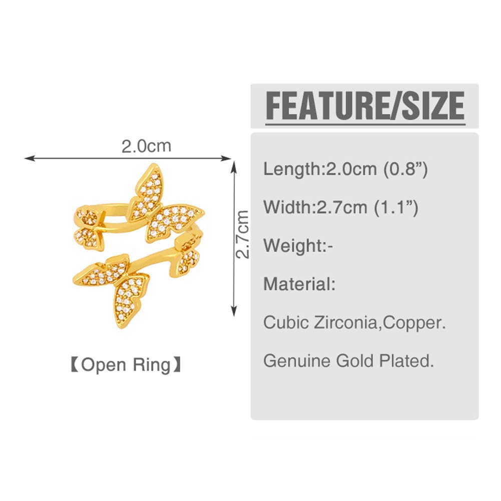 Aisza 18K Gold-Plated Butterfly Rings - Vintage Wrap Stacking Statement Rings with Finest Cubic Zirconia for Women Adjustable Open Rings (Butterfly Gold)