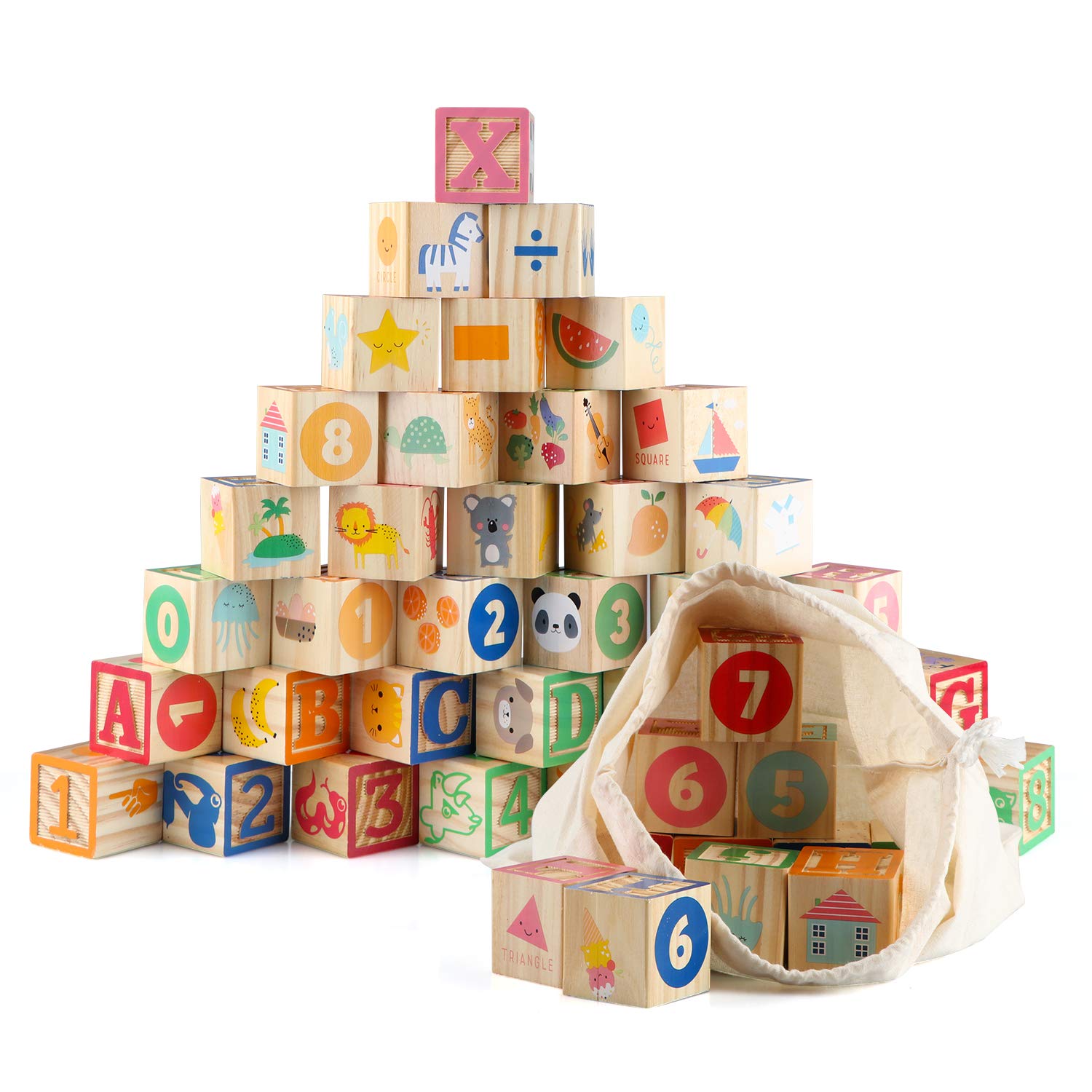 FOPNETS Wooden ABC Building Blocks 36 Large Stacking and Building Blocks for Toddlers Colorful Alphabet Number Icons Preschool Educational Montessori Toys for Boys Girls Gifts