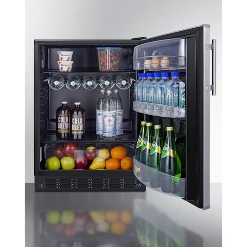 Summit FF6BK2SS 24” Wide Under Counter Refrigerator 5.5 cu.ft. Made in Europe with Automatic Defrost Operation, Reversible Stainless-Steel Door, and Deluxe black interior (Right-Hand Door)