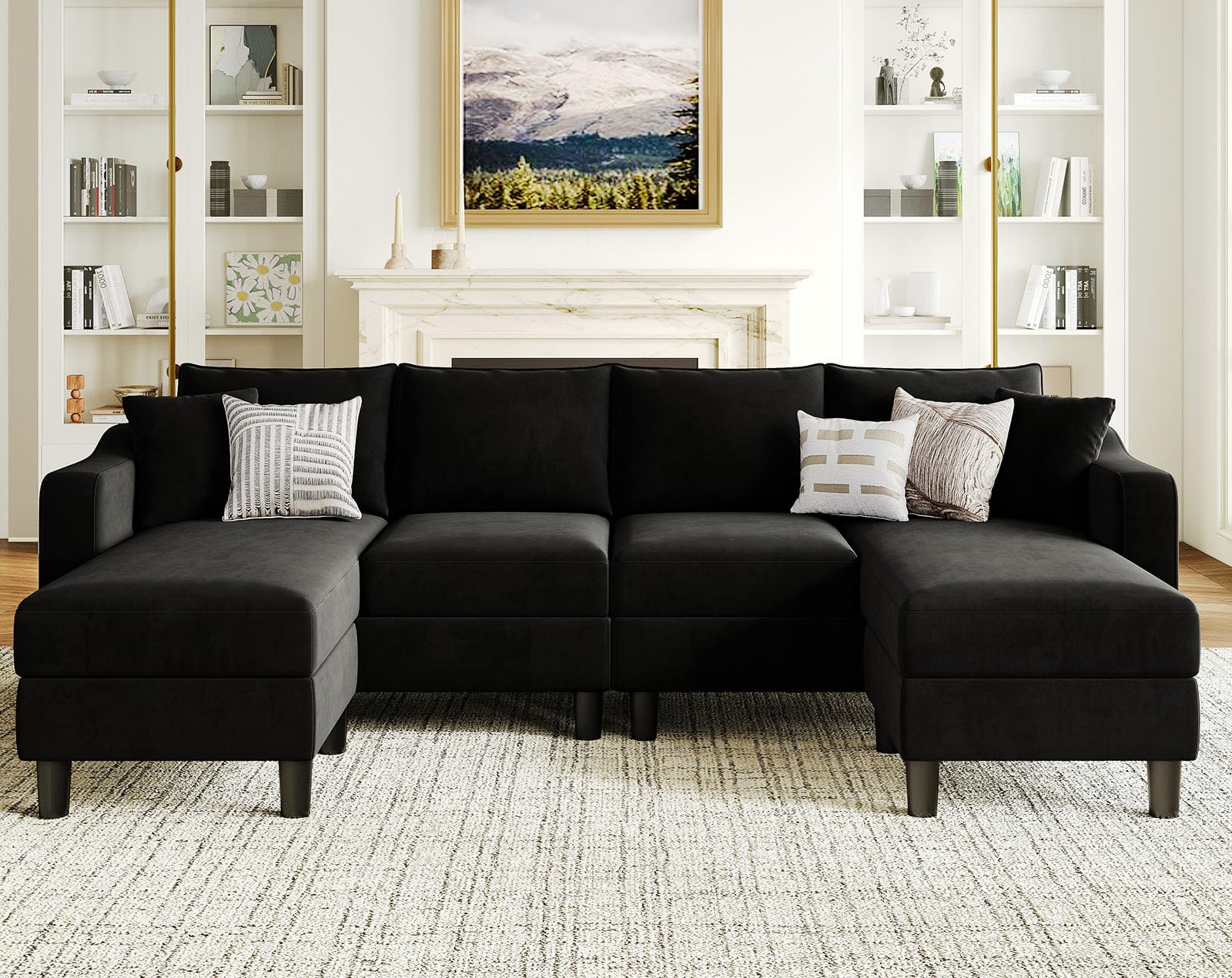 Belffin U Shaped Sectional Sofa Velvet Convertible Sofa with Reversible Chaises Sectional Couches with Ottomans for Living Room (Black)…