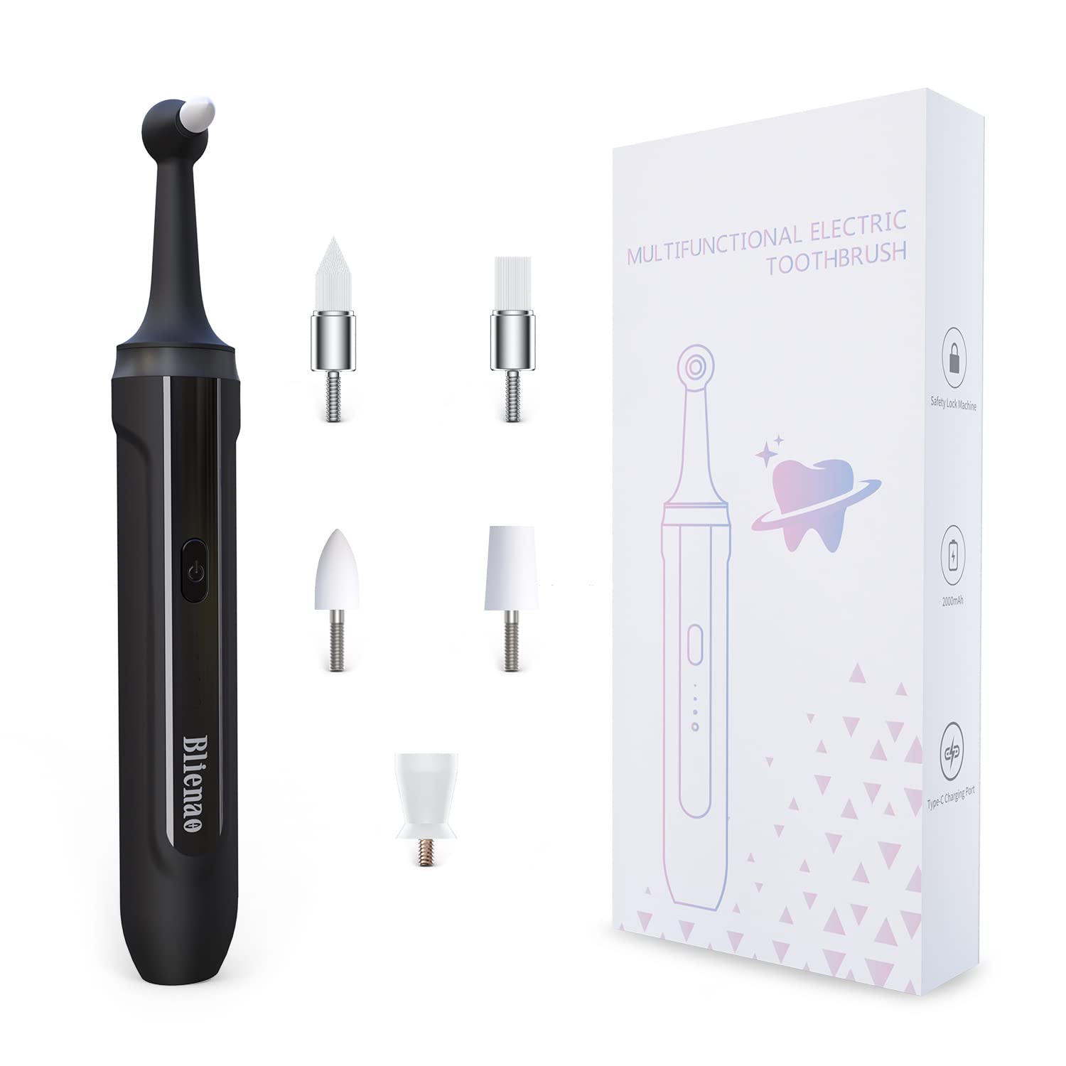 Blienao Electric Tooth Polisher, with 5 Replacement Heads,3 Modes Dental Care Teeth Cleaner Home Dental Tartar Calculus Remover Teeth Whitening Tools Safe