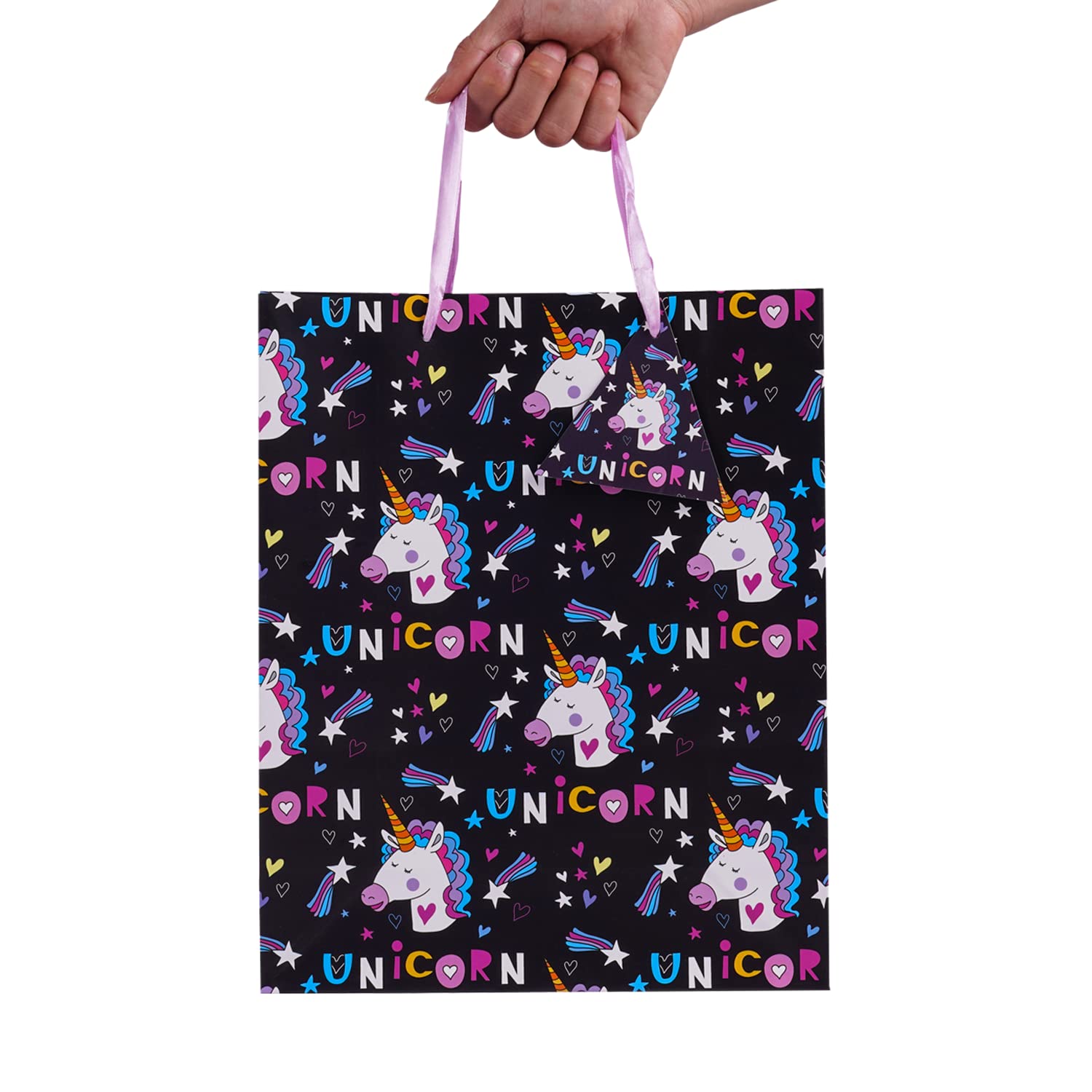 JWSCYSY 12.6" Large Gift Bag with Card and Tissue Paper - Black Pink Unicorn Gift Bag for Girls Birthday.
