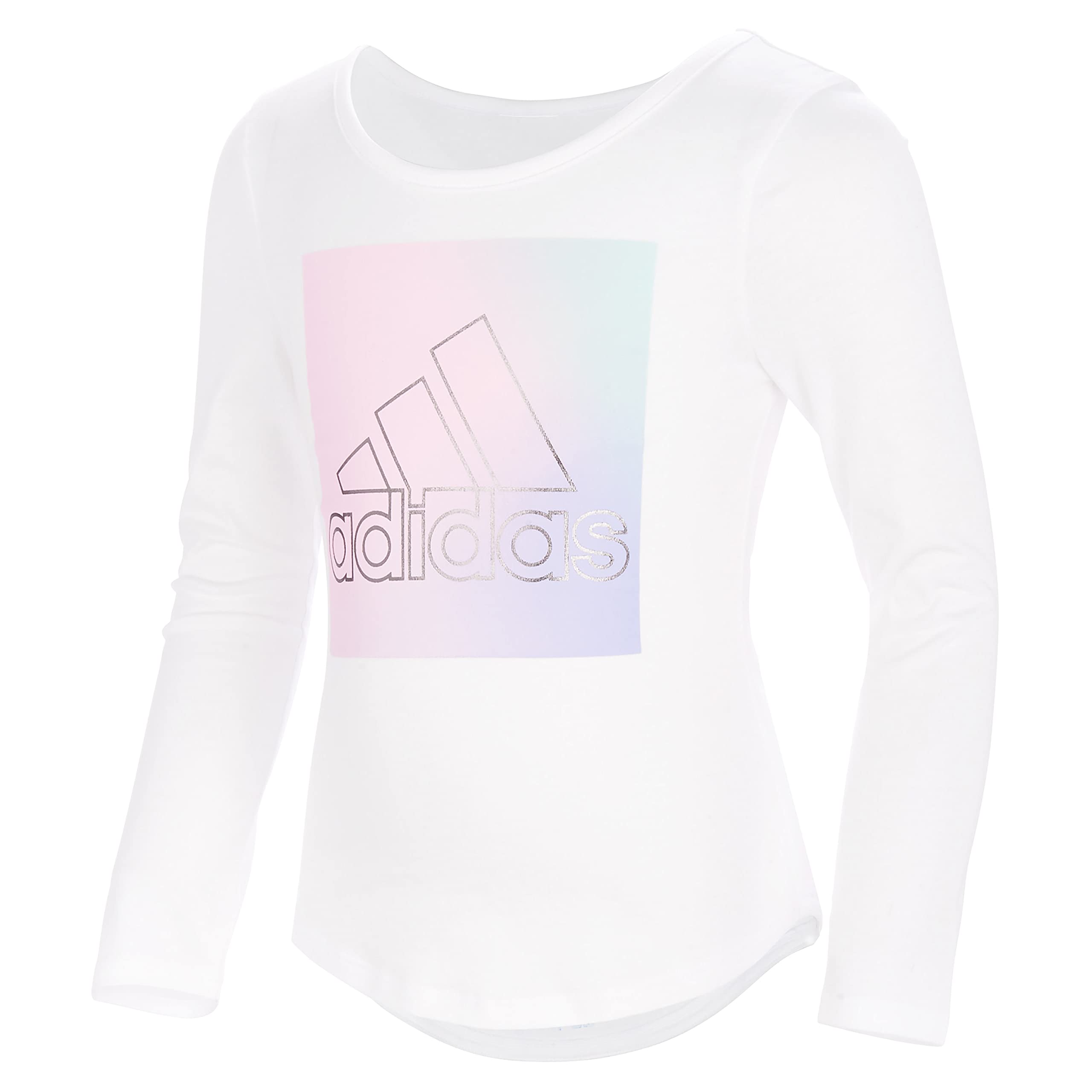 adidas Girls' Long Sleeve Scoop Neck Graphic Tee, White with Pink, 6