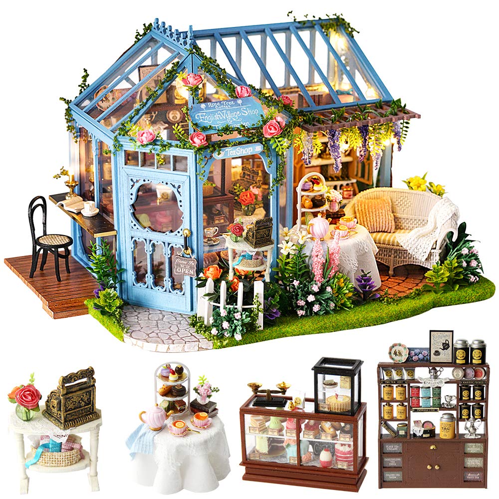 CUTEBEE Dollhouse Miniature House with Furniture, DIY Dollhouse Kit with Dust Proof, Music Movement, 1:24 Scale Creative Room for Valentine's Day Gift for Family and Friends (Rose Garden Tea House)