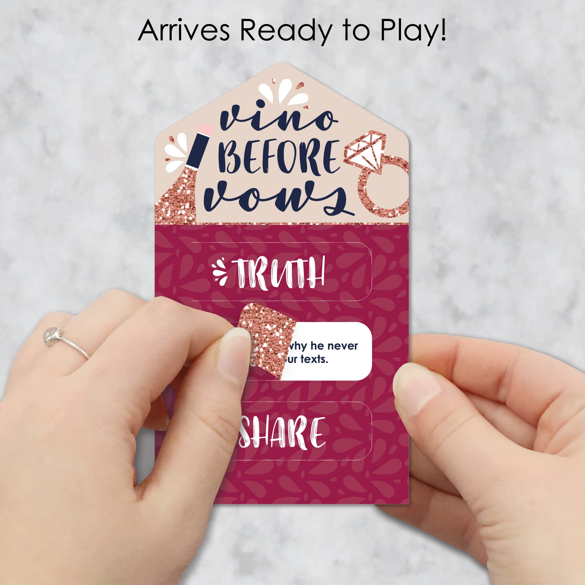 Big Dot of Happiness Vino Before Vows - Winery Bridal Shower or Bachelorette Party Game Pickle Cards - Truth, Dare, Share Pull Tabs - Set of 12
