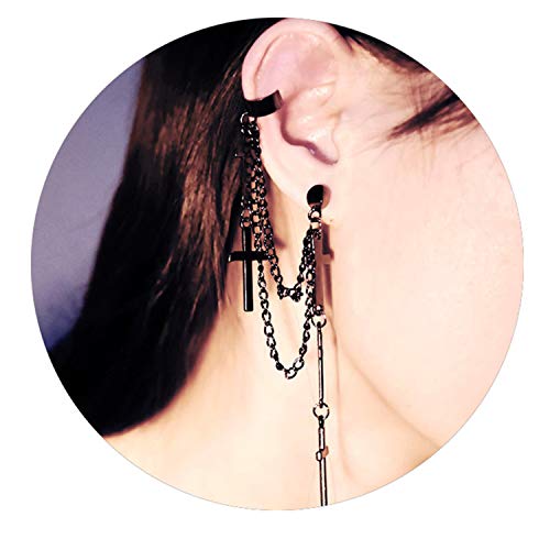ANDPAI Personalized Multi Layered Long Stainless Steel Cross Chain Dangle Earring Threader Tassel Ear Cuff Black Punk Drop Earring for Women Men Statement Jewelry Gifts (Black)
