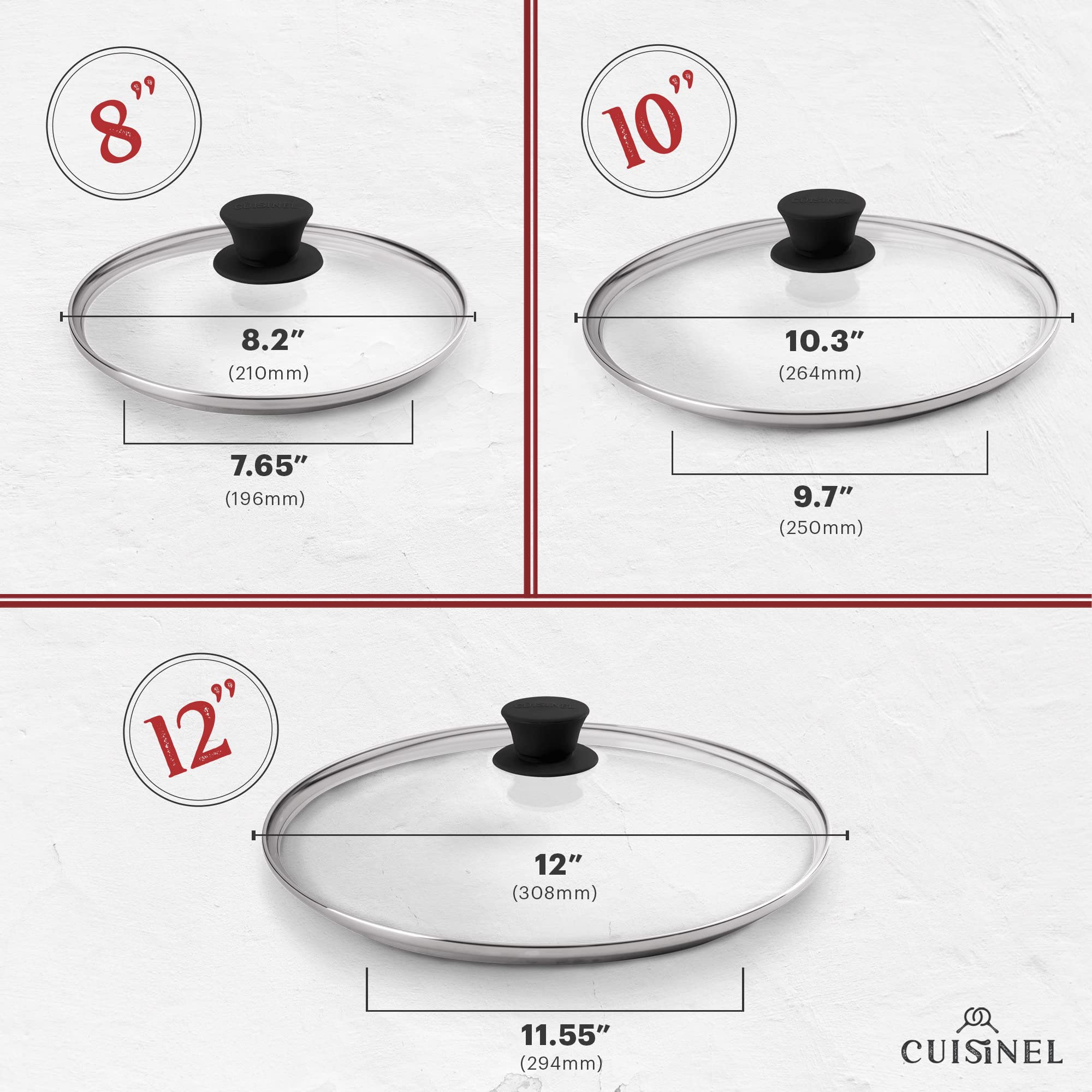 Cuisinel 8"+10"+12"-Inch Cast Iron Skillets Set with Glass Lids + Silicone Handle Holder Covers + Pan Scraper - Pre-Seasoned Oven Cookware - Use Indoor/Outdoor, Grill, Stovetop, Camping Fire, Oven