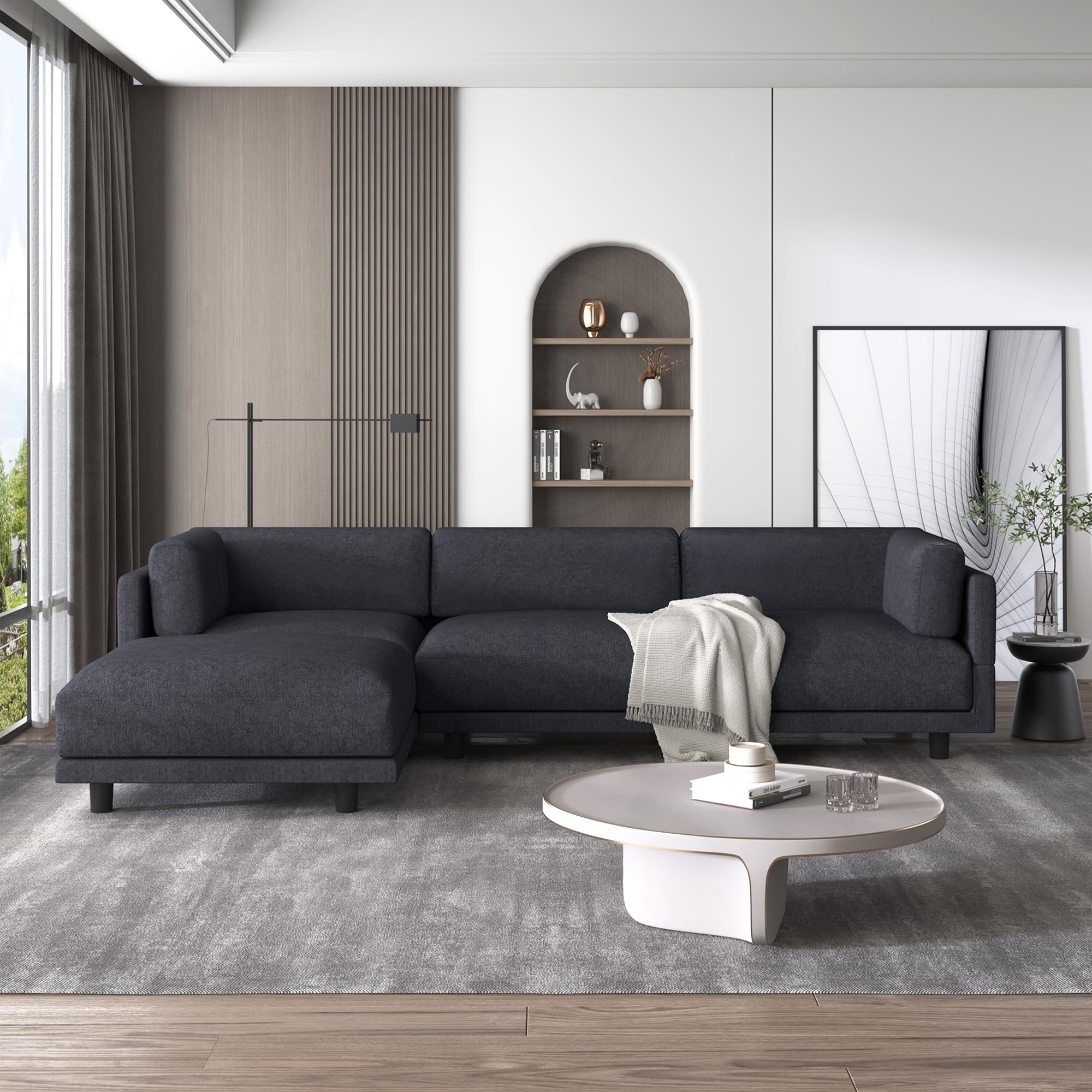 Aiuyesuo Modern L-Shaped Convertible Sectional Sofa with Reversible Chaise, Linen Fabric Upholstery Couch for Living Room Office, Sturdy Wooden Frame (Gray-4)