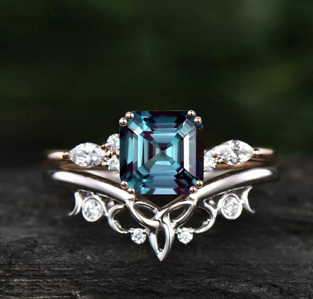 Asscher cut Alexandrite engagement ring set solid 14k rose gold art deco unique marquise diamond wedding bridal ring set for women jewelry (WHITE GOLD, 5)