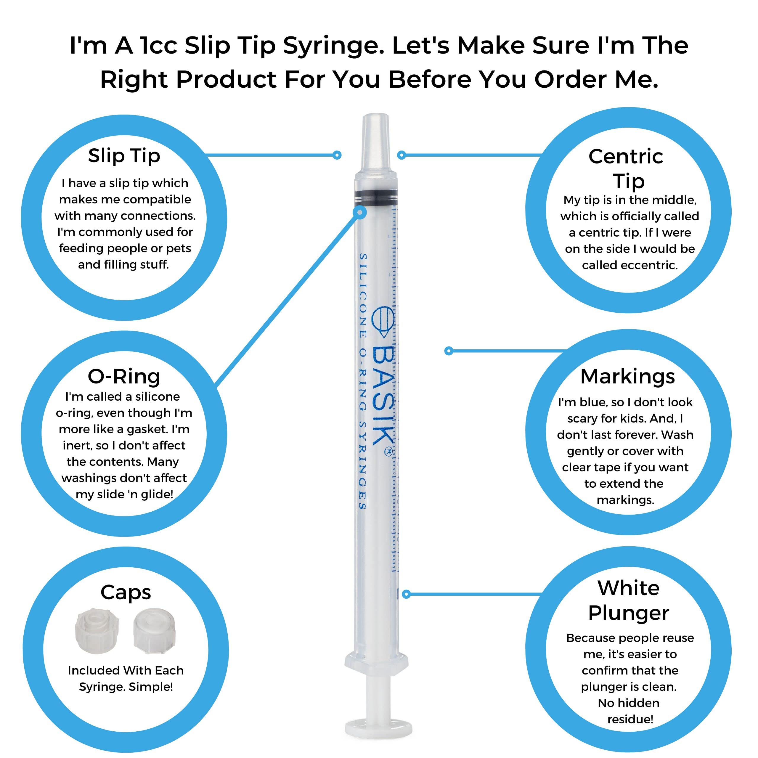 BASIK Silicone O Ring 1cc Feeding Syringe 10/Pack Caps Included Individually Wrapped For Hand Feeding Small Animals And Measurements