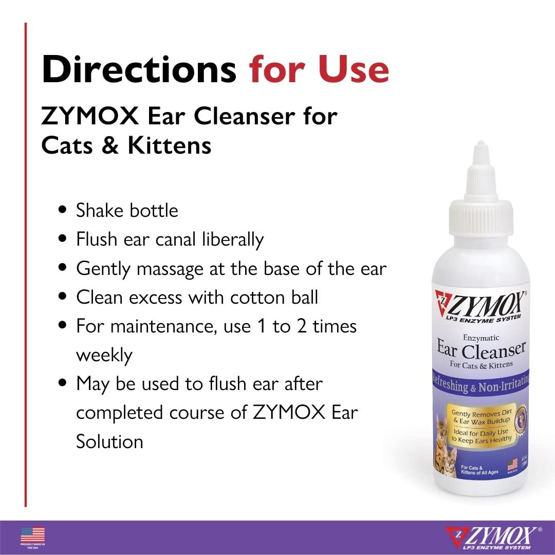 Zymox Enzymatic Ear Cleanser for Cats & Kittens, 4 oz. β Cleans & Refreshes Ear Canal for Relief from Ear Wax & Dirt Buildup