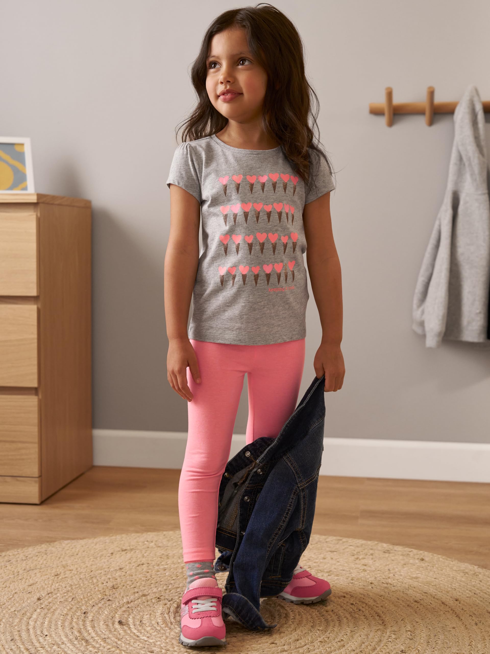 Simple Joys by Carter's Girls' Short-Sleeve Shirts and Tops, Pack of 3, Grey Hearts/Pink Dinosaur/White Text Print, 2T