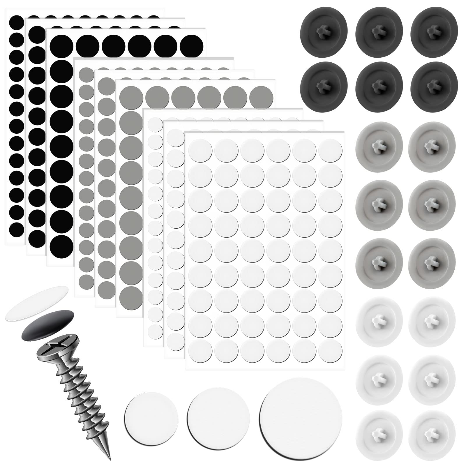 Assortment Screw Covers Screw Caps Kit, Include 300 PCS Plastic Screw Cap Covers and 870 PCS Self Adhesive Screw Hole Stickers, Waterproof Self-Tapping Screw Hole Covers Caps for Furniture Wood Screw