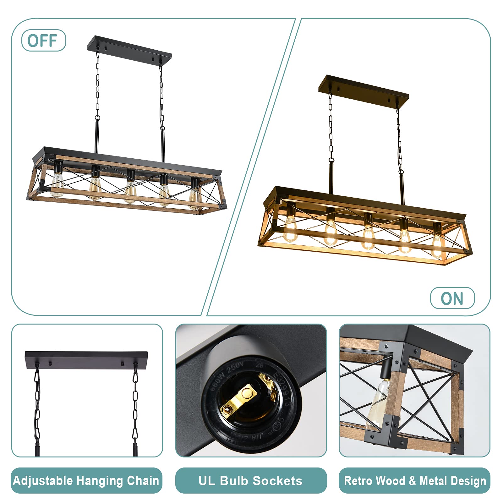 Aivvus 37.8 inch Farmhouse Wood Chandeliers, Rectangle 5 Lights Dining Room Lighting Fixtures Hanging, Kitchen Island Cage Industrial Pendant Light, Rustic Linear Chandelier Ceiling Light, Adjustable