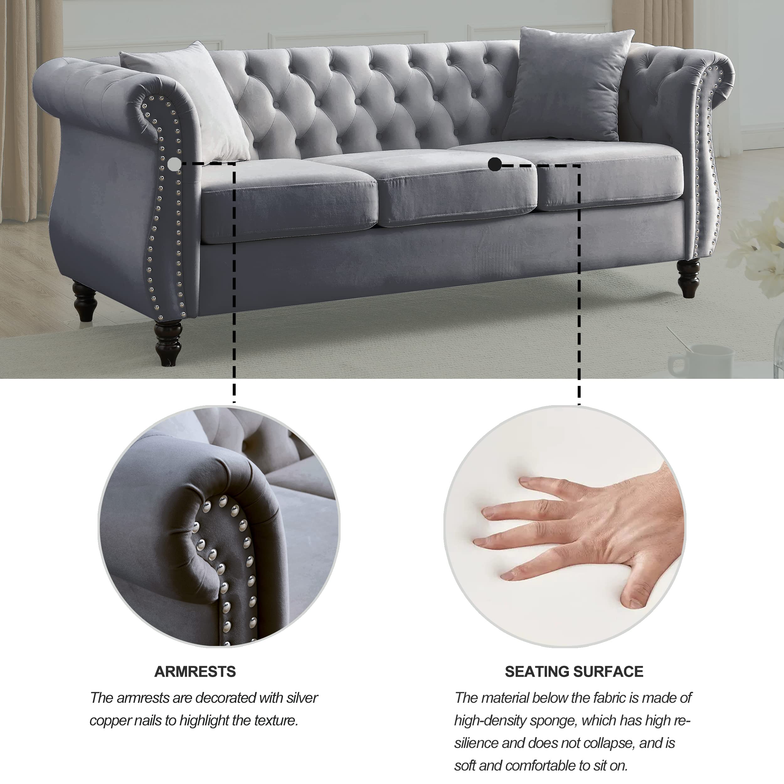 Bellemave 80" Chesterfield Sofa Couch Velvet 3-Seater Sofa with Two Pillows, Nailhead & Rolled Arms Upholstered Sofa with Curved Backrest Solid Wood Legs for Living Room, Bedroom, Office (Grey)