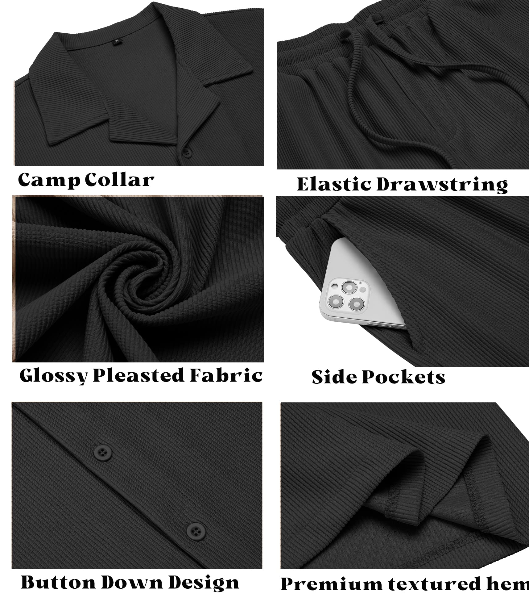 AstoSeu Mens Shirt Set Casual Button Down Shirts Short 2 Piece Shorts Tracksuit Set Black L
