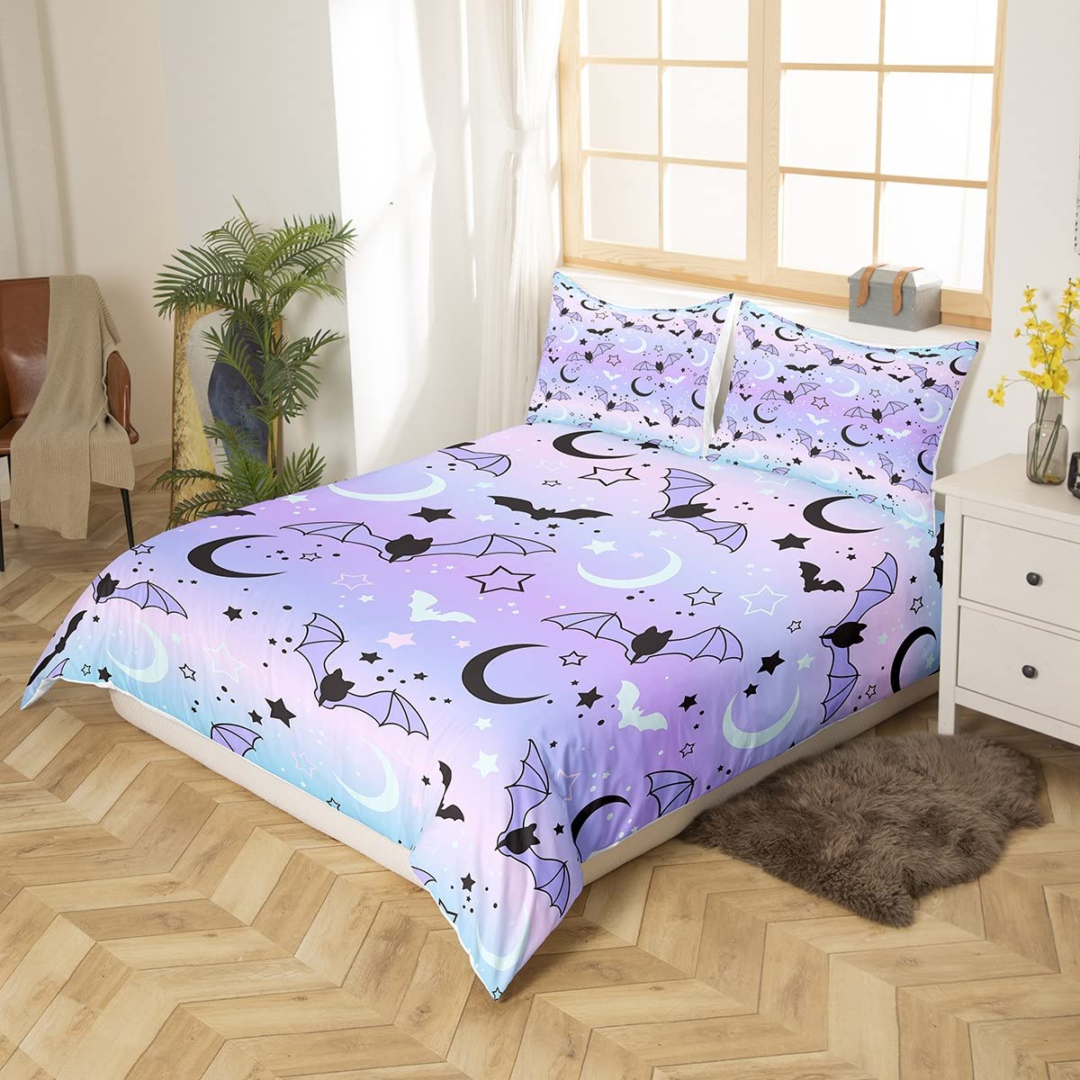 Halloween Comforter Cover Set Rainbow Bedding Set for Boys Girls Children Bat Moon Star Print Bedding Duvet Cover Set Halloween Theme Purple Gradient Style Room Decor Full Size Bedspread Cover 3Pcs
