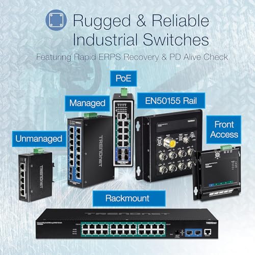 TRENDnet 5-Port Hardened Industrial Unmanaged Gigabit Switch, TI-PG50, 10/100/1000Mbps, DIN-Rail Switch, 4 x Gigabit PoE+ Ports, 1 x Gigabit Port, Gigabit Ethernet Network Switch, Lifetime Protection