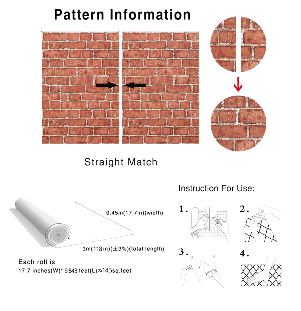 Cohoo Home Red Peel and Stick Wallpaper Brick Contact Paper 18” ×118” Faux 3D Brick Wall Paper Red Self Adhesive Wallpaper Removable Wallpaper Brick Backsplash Stick and Peel Vinyl Film
