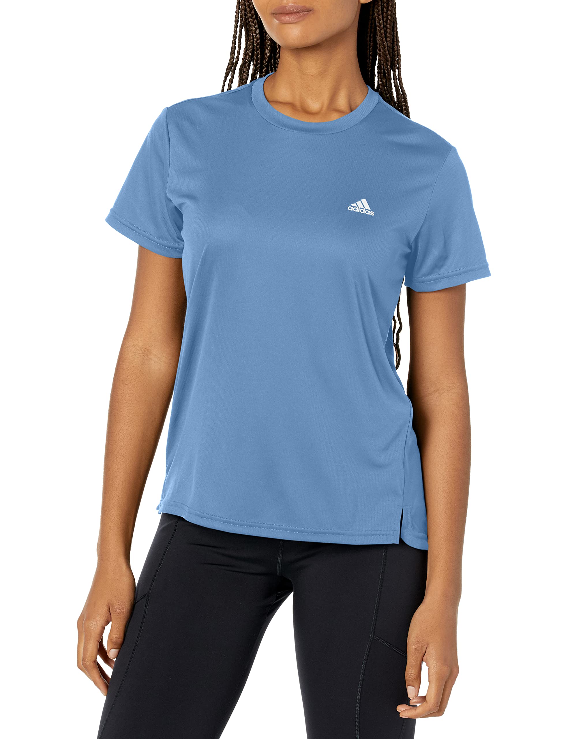 adidas Women's AEROREADY Designed 2 Move 3-Stripes Sport Tee, Altered Blue/White, X-Large