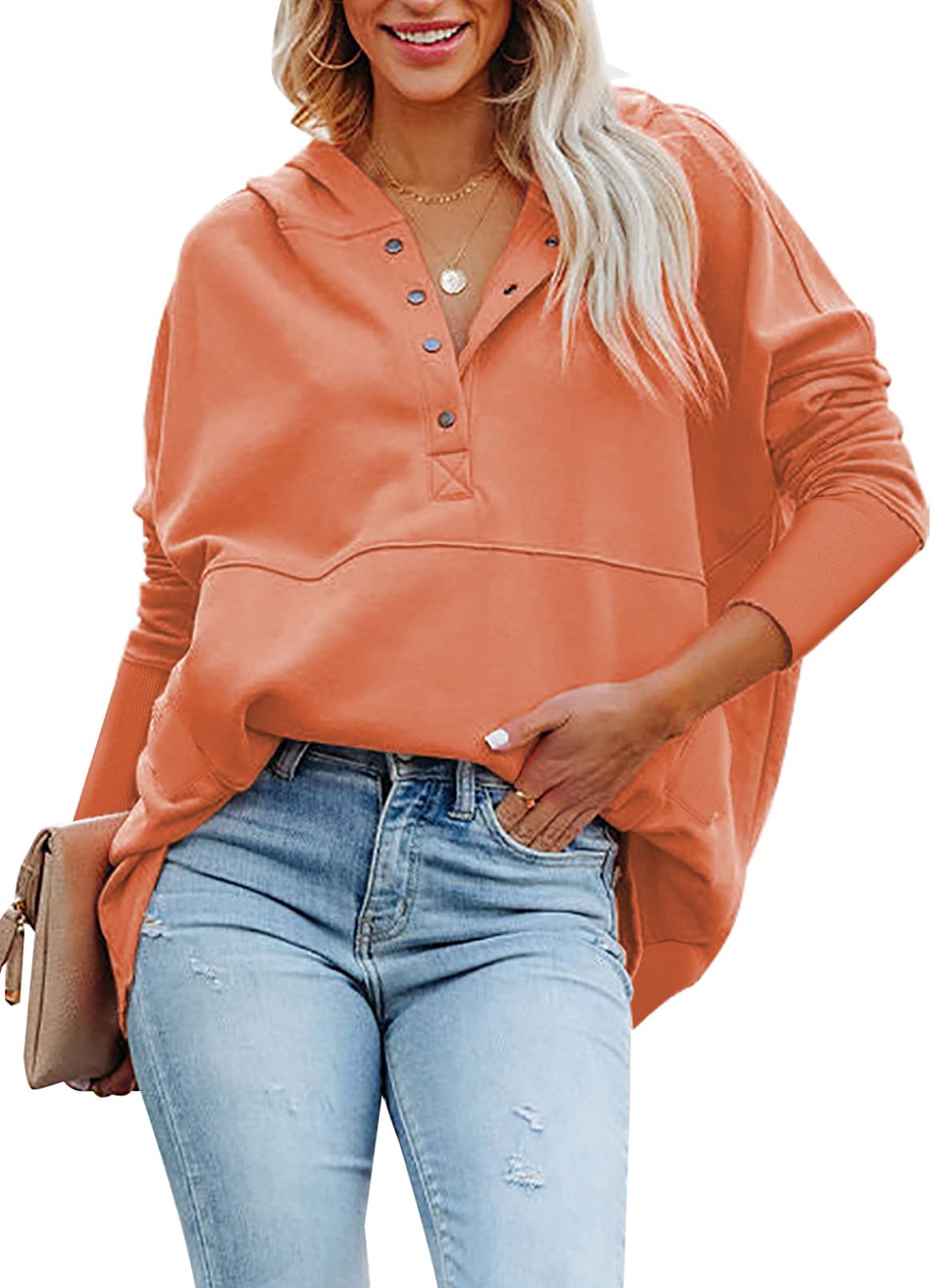 Astylish Women Fashion 2022 Hooded Sweatshirt Oversized Fall Henley Hoodies Sweatshirts Pullover Orange Medium