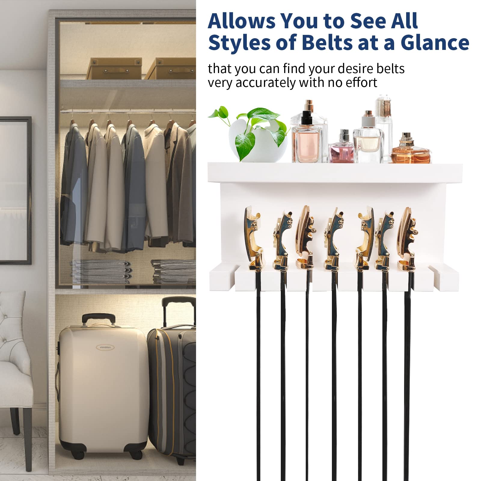 Yamahiko Belt Storage Organizer for Closet, Belt Hanger Wall Mounts with Double Shelving Platform, Universal Belt Rack Holder for Closet, Wall Closet Organizer Belt Hanger Rack for Men Women, White