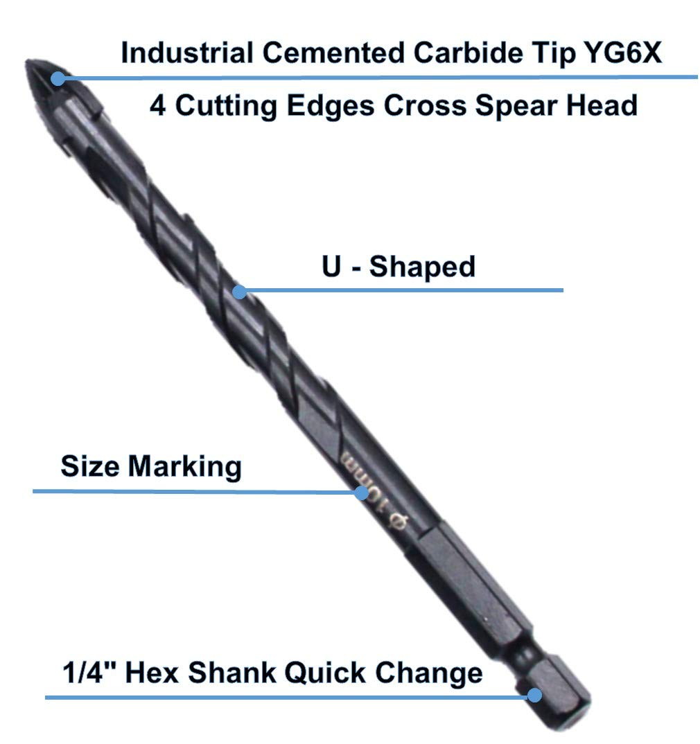 aiyun 7-Piece Concrete Drill Bit Set, 4 Cutting Edges Cross Spear Head Masonry Drill Bit Set, Carbide Tipped Tile Drill Bits (3-12mm(7-Piece), Black)