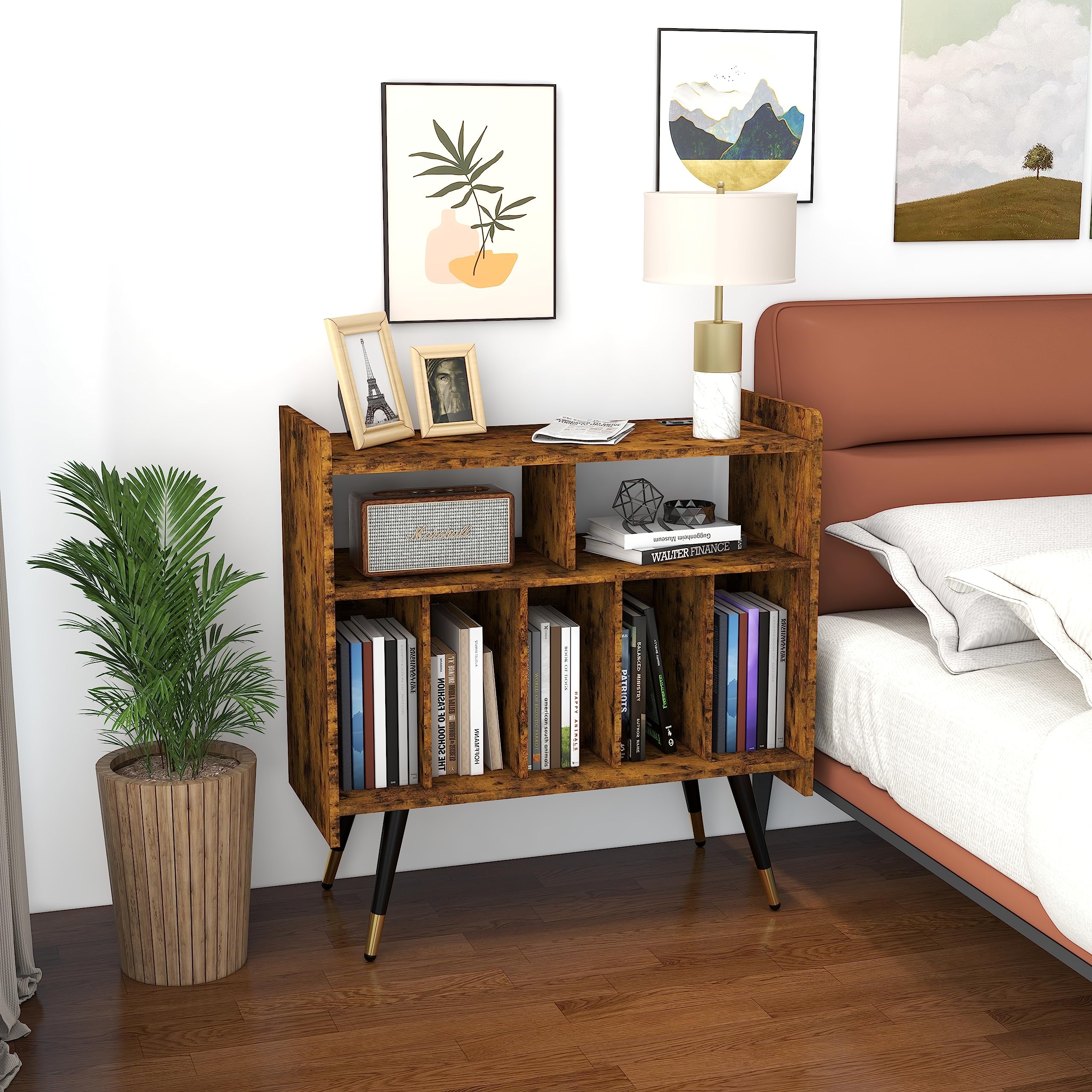 Large Record Player Stand, Vinyl Record Storage Cabinet with Power Outlet, Record Player Table Holds up to 350 Albums, Mid-Century End Table Turntable Stand for Living Room, Office