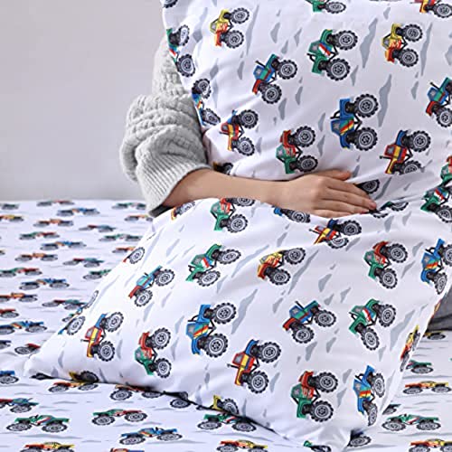 Poppy & Fritz Kids, Queen Sheet Set, Stain Resistant Kids Bedding, Soft & Cozy Toddler Bedding Set (Trucks Grey, Queen)
