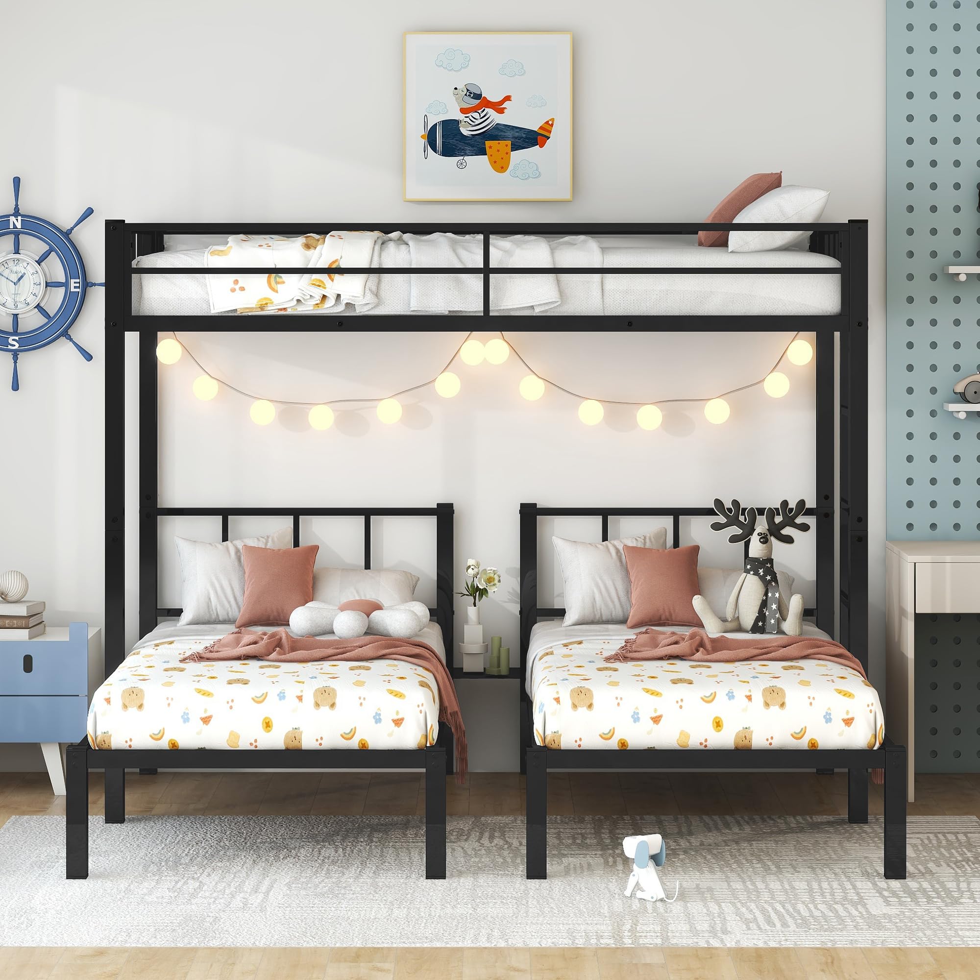 Bellemave Triple Bunk Bed for 3 Metal Twin Over 2 Twin Bunk Bed with Shelf for Kids Boys Girls, Detachable Triple Bunk Bed Can be Divided Into Three Beds, Black