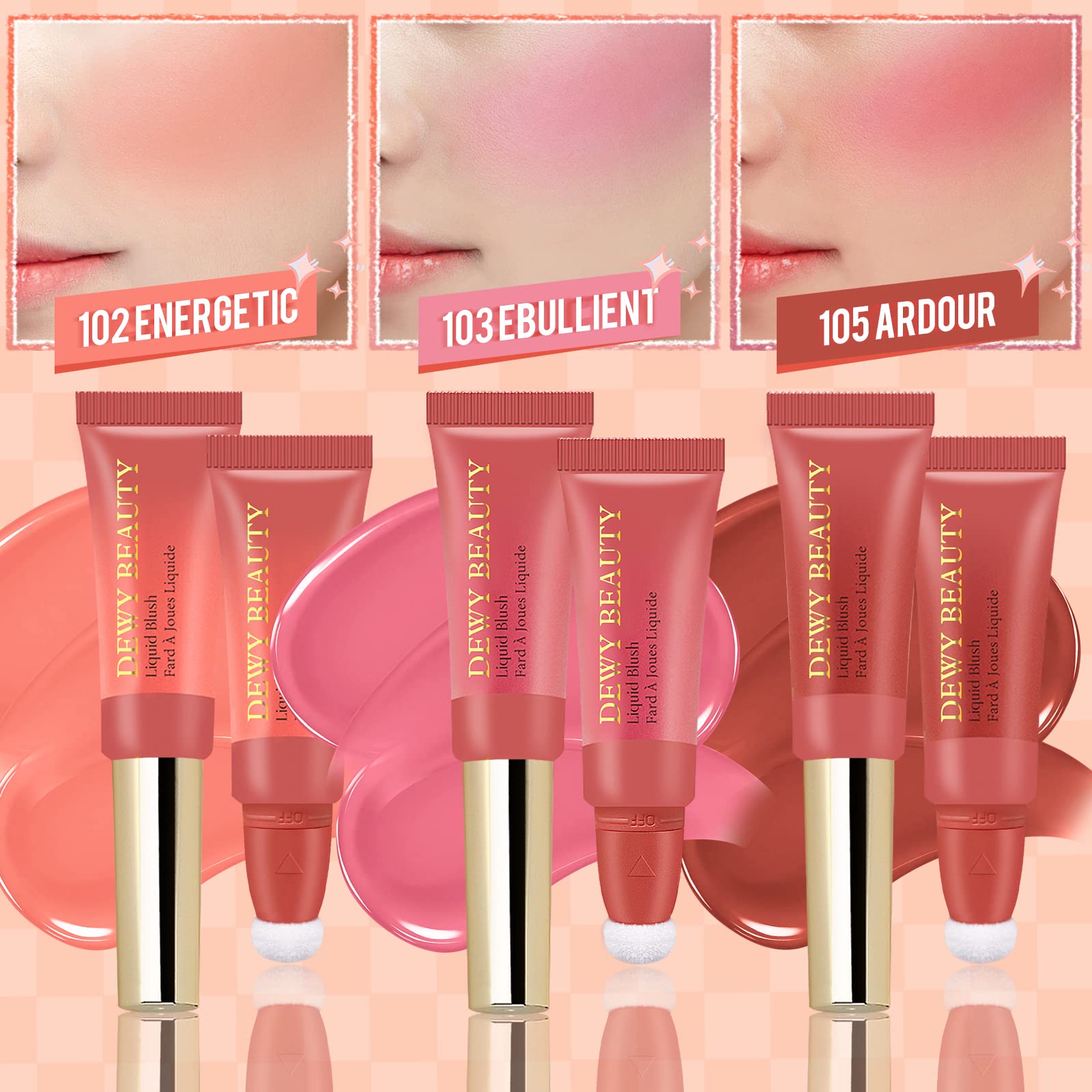 BEFIVECOK 3Pcs Liquid Blush Makeup Wand Set, Soft Cream Blush Stick with Cushion Applicator for Cheeks, Natural Creamy Formula, Lightweight Blendable Dewy Finish, Long-wearing Creme Blush Wand (Set B)