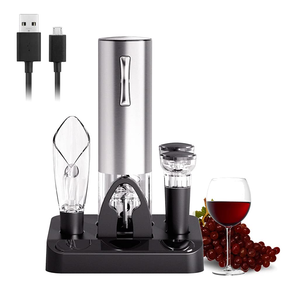 COKUNST Electric Wine Opener Set with Stand, USB Charging Corkscrew Remover, One-click Button Rechargeable Cordless Bottle Openers with Wine Pourer, Vacuum Stoppers, Foil Cutter for Home Party Wedding