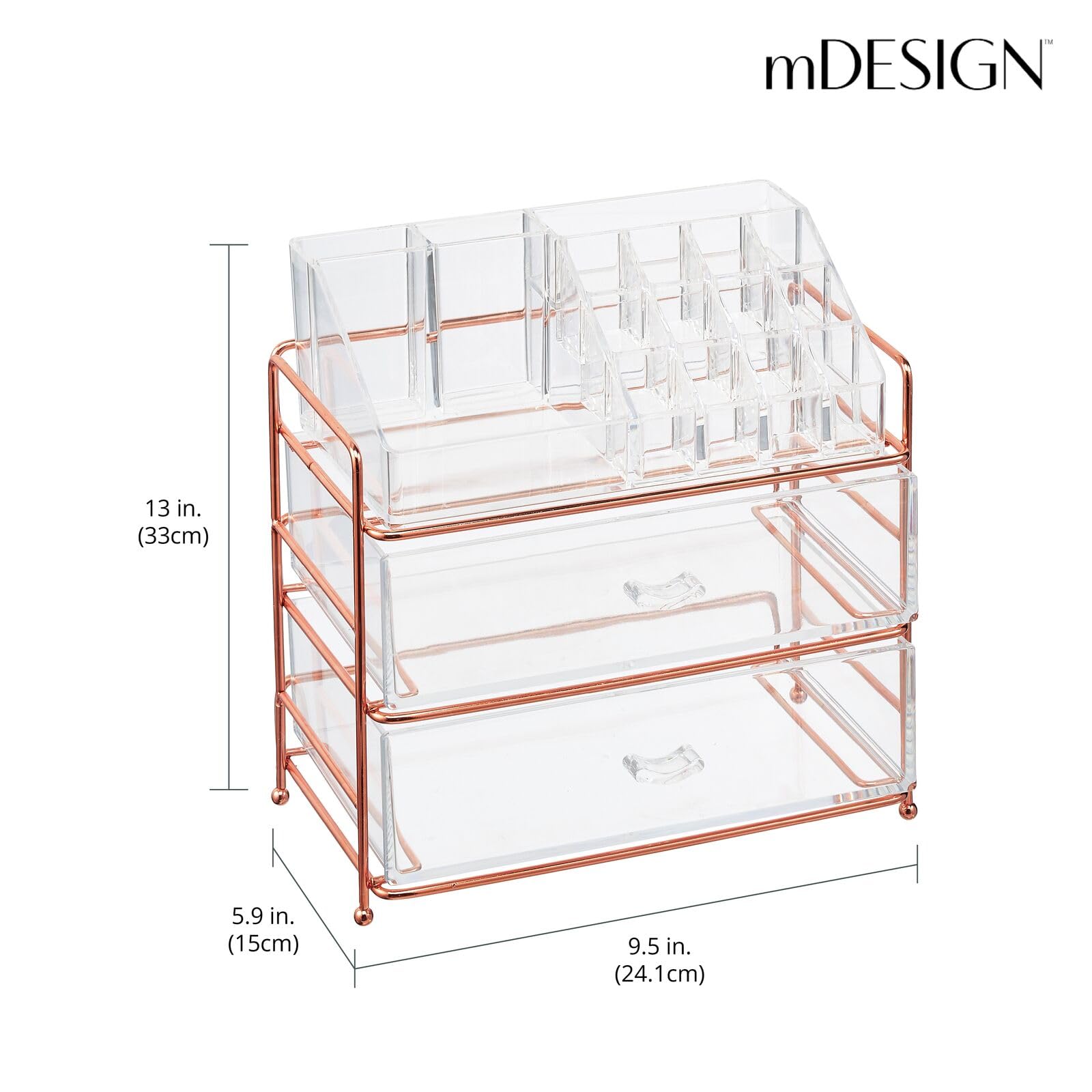 mDesign Plastic Cosmetic Storage Organizer Station with 2 Drawers and 16 Divided Sections for Bathroom, Cabinet, Vanity, Countertop - Holds Makeup Palettes, Brushes, Blush, Mascara - Rose Gold/Clear