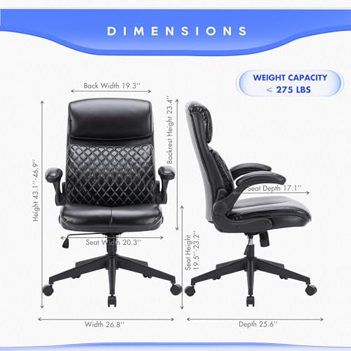 COLAMY Ergonomic Office Chair, Executive Desk Chair, Leather Office Chair with Padded Flip-up Arms, Adjustable Height Swivel Rolling Work Chair-Black