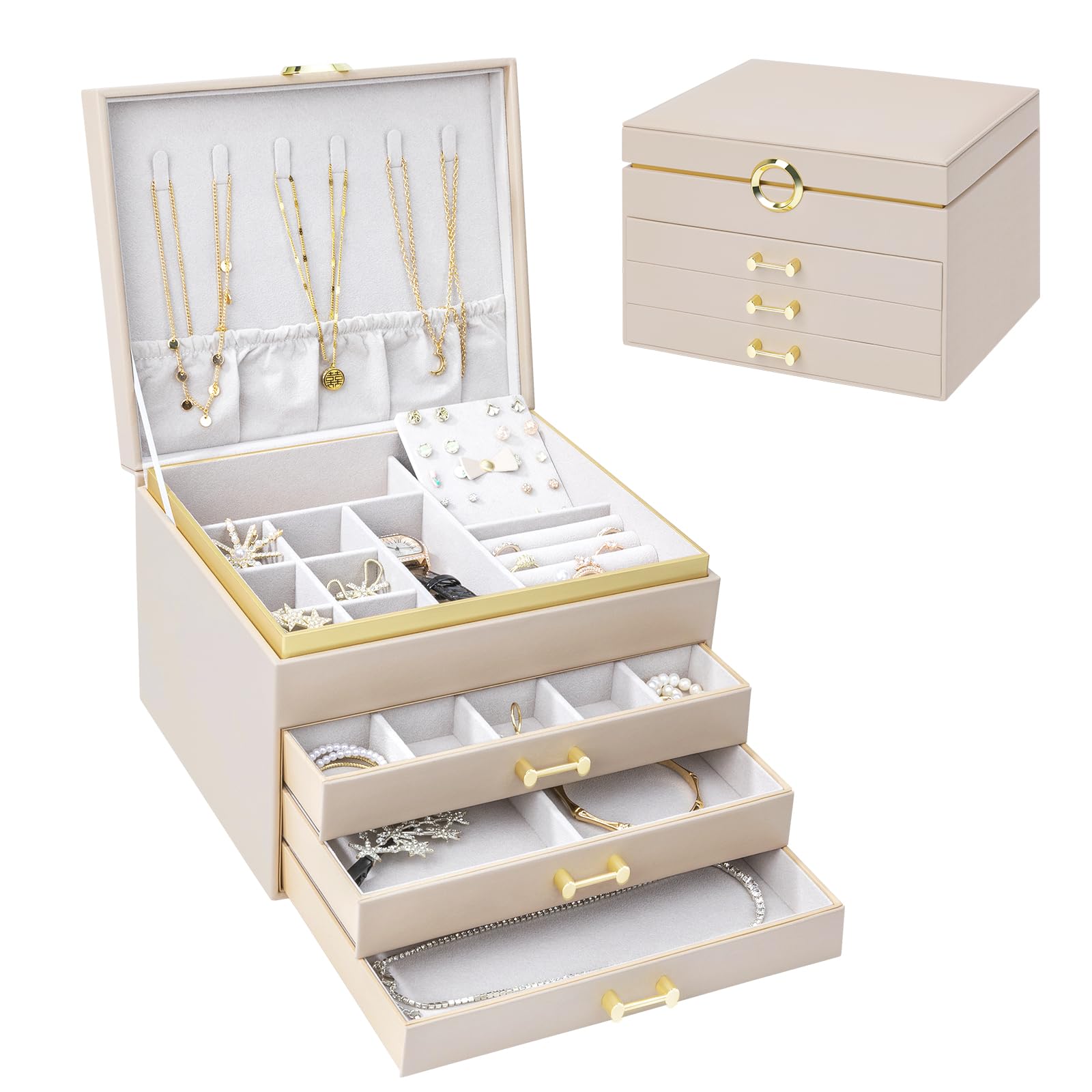 V-LAFUYLIFE Jewelry Box for Women,4-Layer Leather Jewelry Holder Organizer with 3 Drawers Large Jewelry Storage Boxes, Lots of Storage Space For Ring,Necklace,Bracelets,Earringļ¼Whiteļ¼