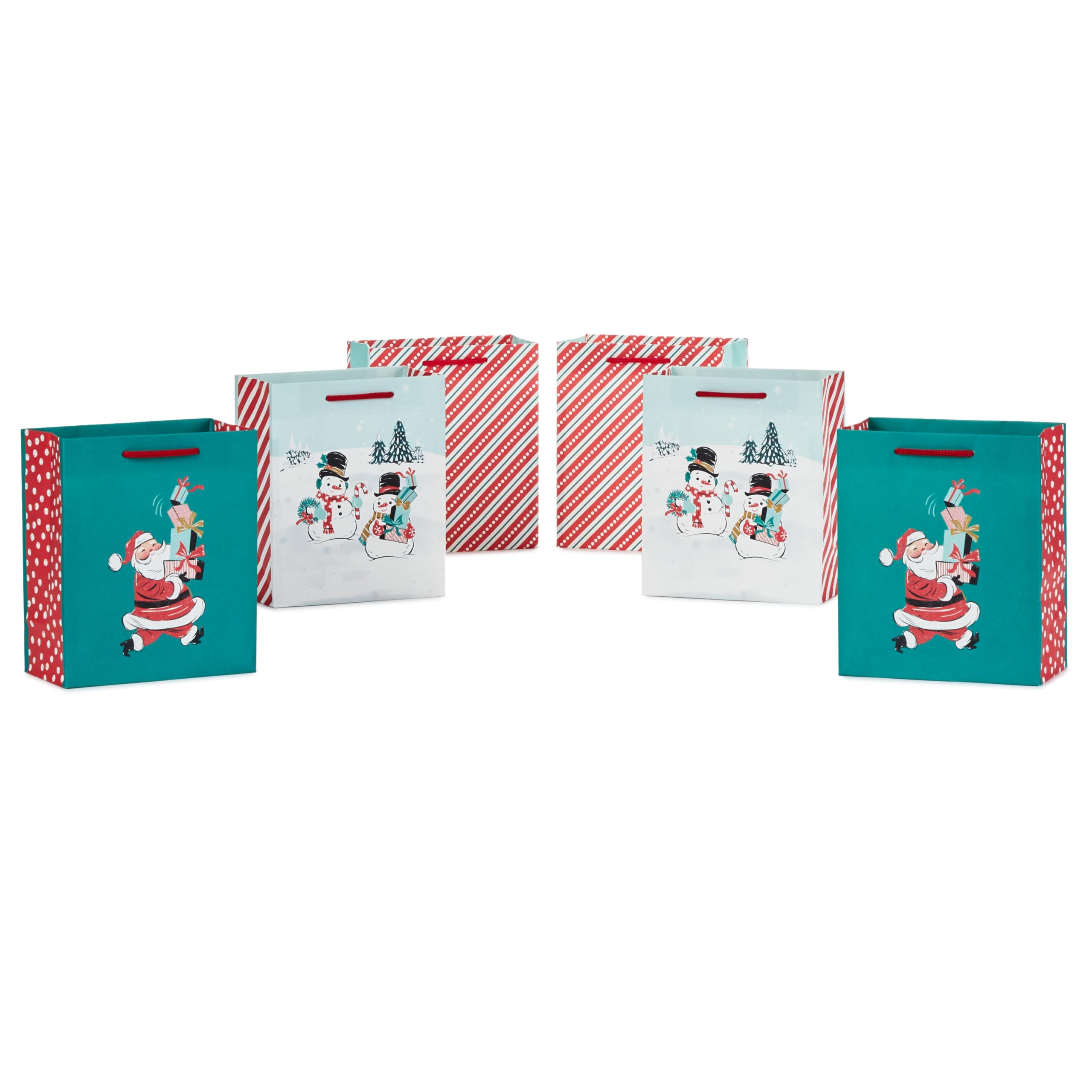 Hallmark 6" Small Vintage Christmas Gift Bag Bundle (6 Bags: Retro Santa, Snowmen, Red, Green and White Stripes) for Gift Cards, Party Favors, Treat Bags, Teacher Presents
