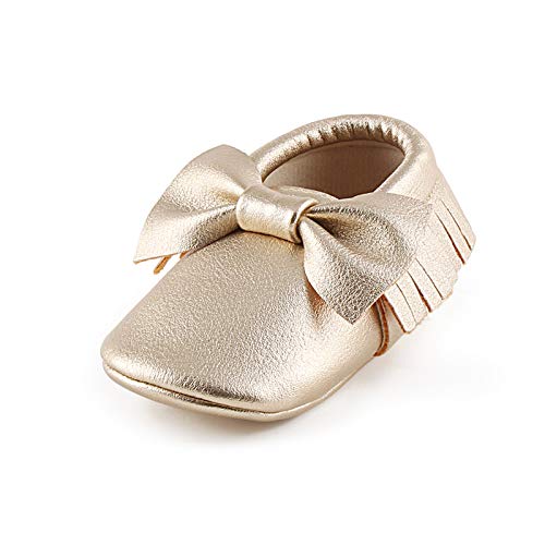 OOSAKU Infant Tolddler Baby Soft Sole PU Leathe Bowknots Shoes (6-12 Months, Gold)