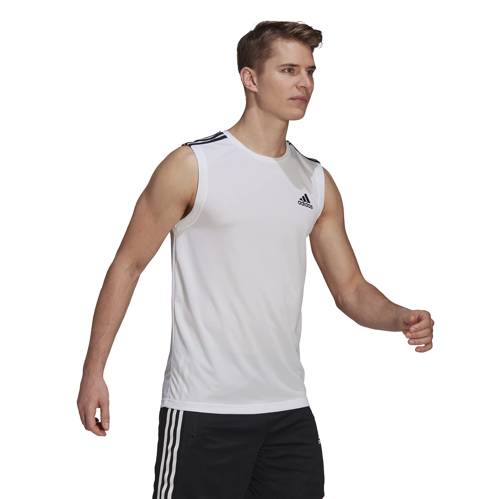 adidas Men's AEROREADY Designed 2 Move Sport 3-Stripes Tank Top, White, Large