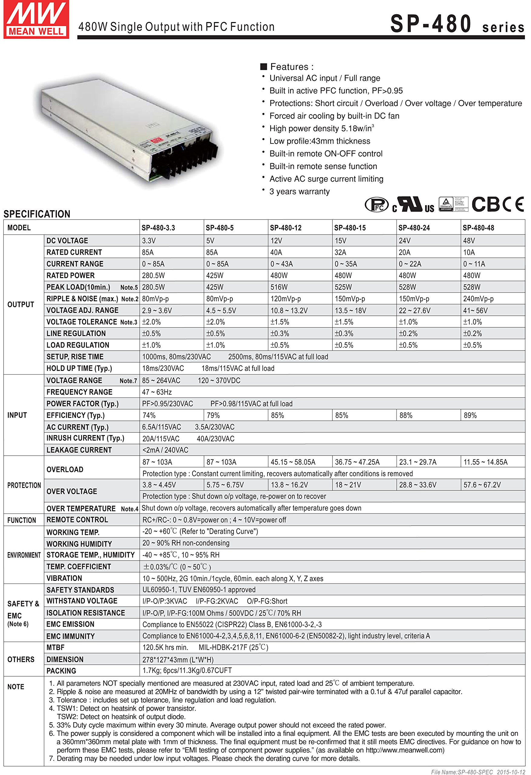 MW Mean Well SP-480-12 12V 40A 480W Single Output with PFC Function Power Supply