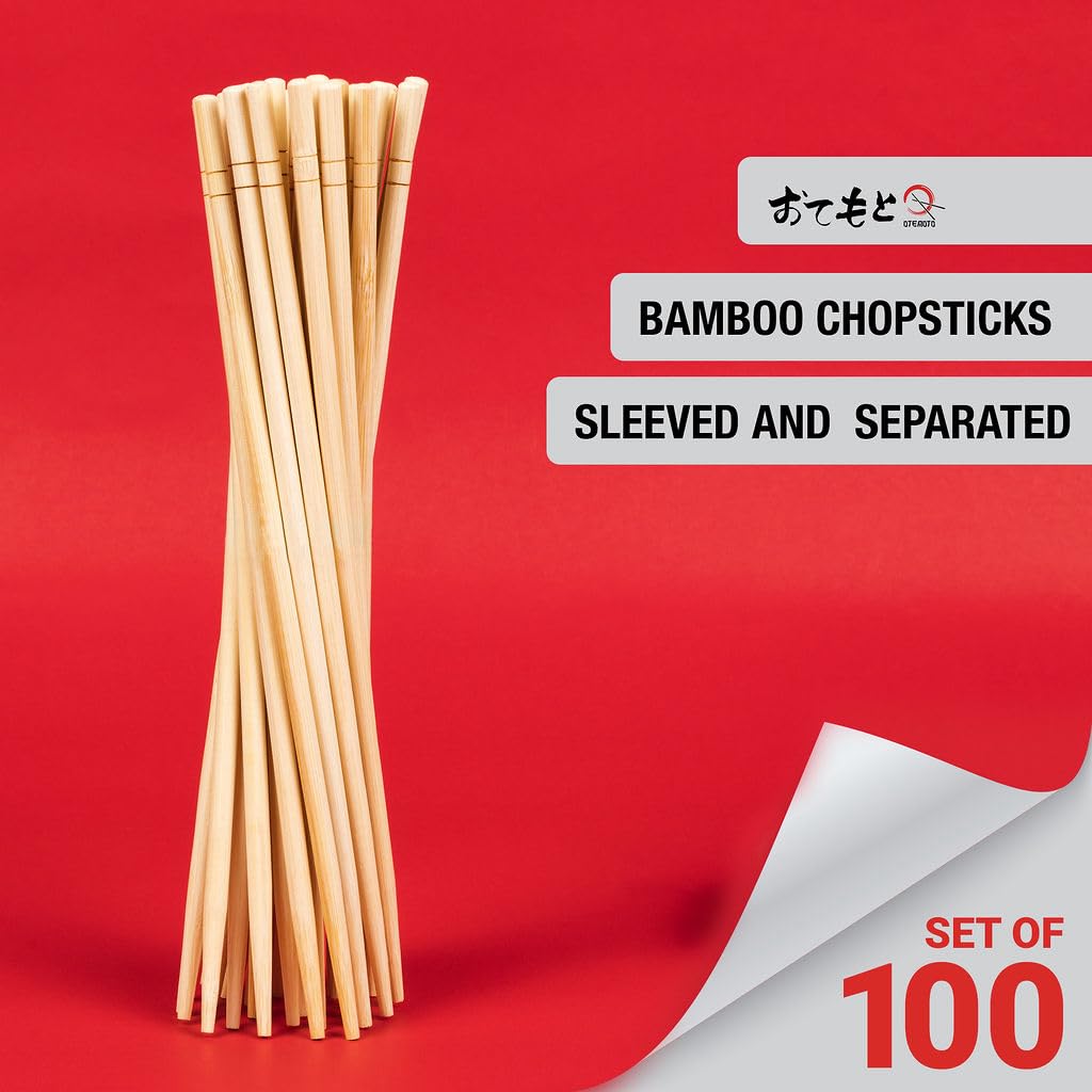 OTEMOTO 200 Round Separated Disposable Chopsticks | Paper sleeve | Bamboo Wooden Chop sticks - Bamboo Chopstick Bulk - Disposable Utensils Premium Quality - (100 Pairs)