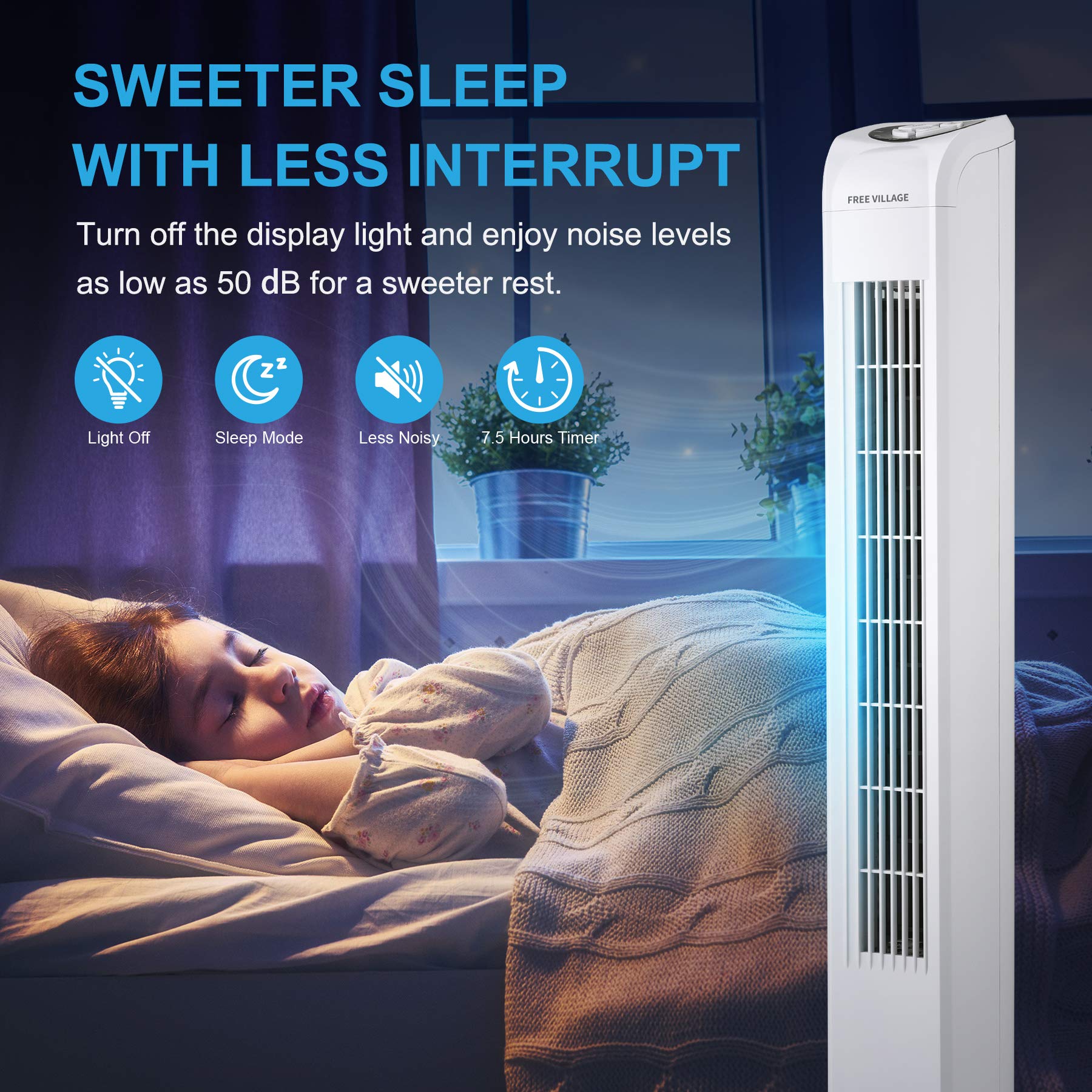 FREE VILLAGE JTF-03R 30'' Bladeless Tower Fan - 30 Inch Portable Tower Fan with Remote, 7.5 Hours Timer, 70° oscillation, Compact Size, 3 Modes and 3 Speed Settings, Safe for Kids and Pets, White