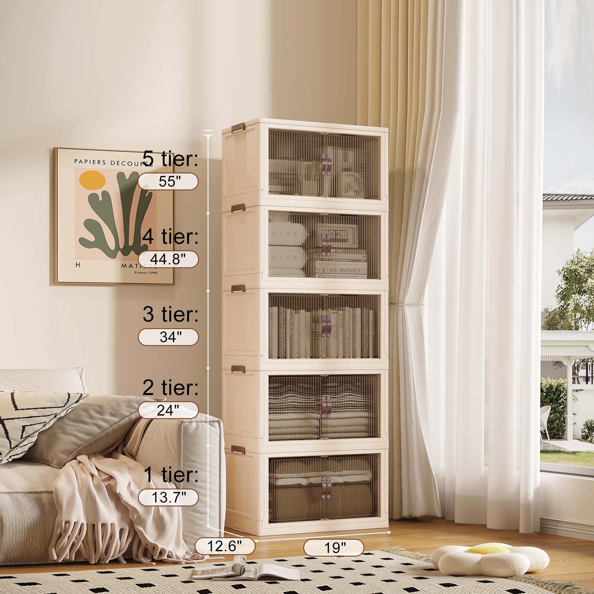 SAILUN 55Gal(222Qt ) Stackable Storage Bins Folding Collapsible Storage Bins with Lid, Closet Organizers and Storage, Storage Box with Door Beige 19" W x 12.6" D x 55" H
