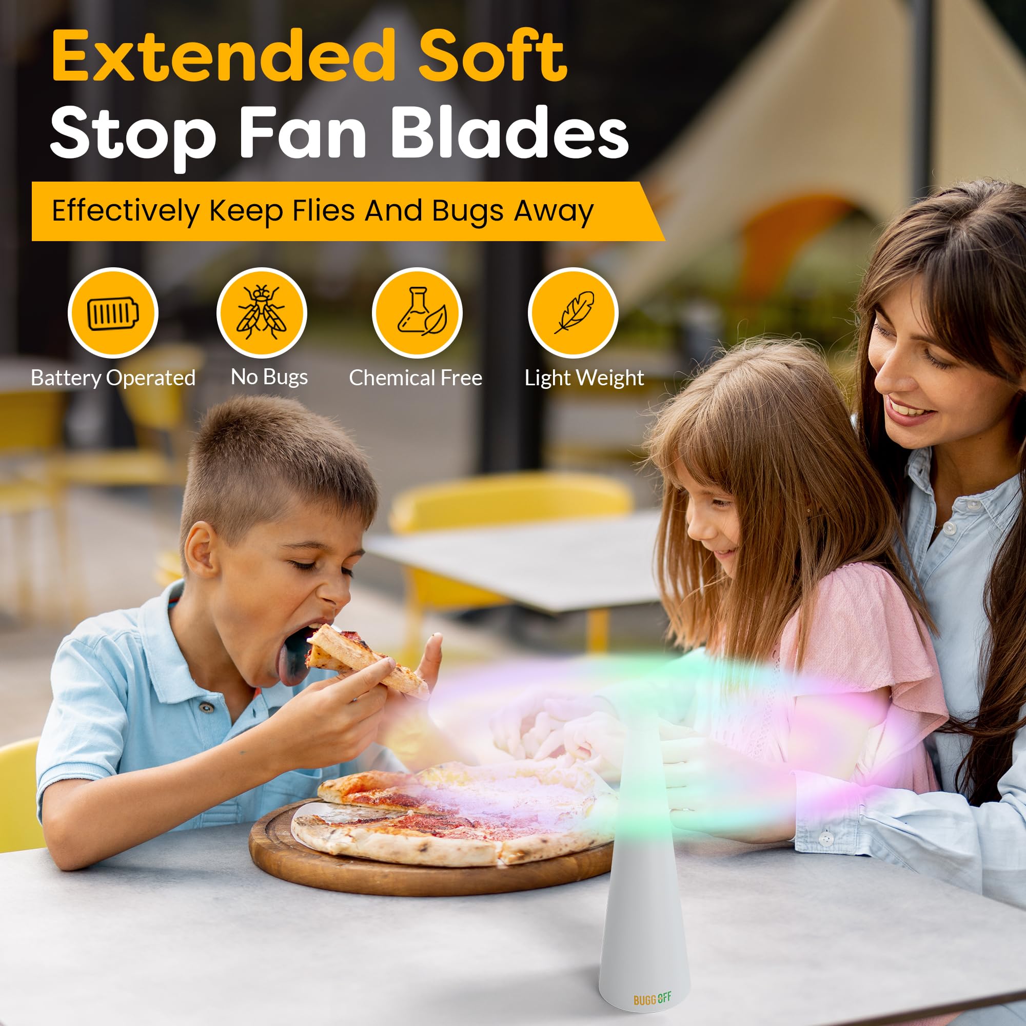 BUGGOFF White Fly & Flying Insect Repellent Fan with Twin Blades, Table top & Hangable, Battery Powered or 5V Plug in, Batteries NOT Included. Safe Blades with Auto Stop. (1 Pack)