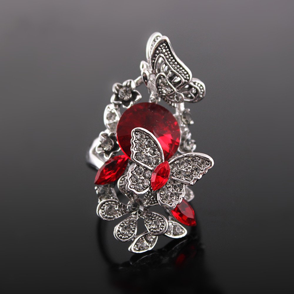 Ajojewel Red Crystal Rhinestone Flower and Butterfly Rings For Women Retro Vintage Jewelry (Red, 8)