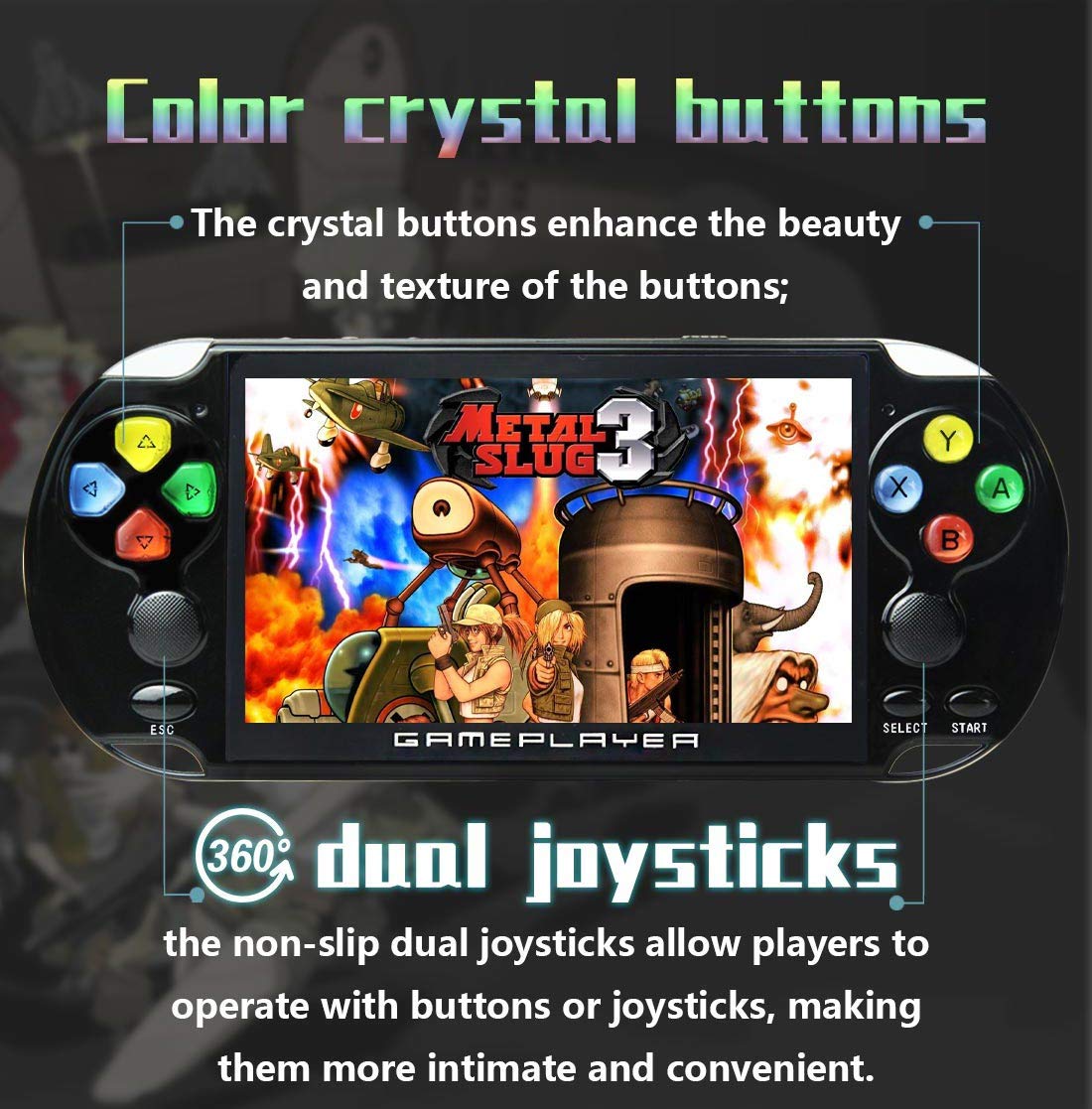 CZT 5.1-inch multi-function video game console color crystal buttons built-in 9600 games MP3MP4 lithium battery game archive AV OUT DV/DC hand-held gaming device (Black)